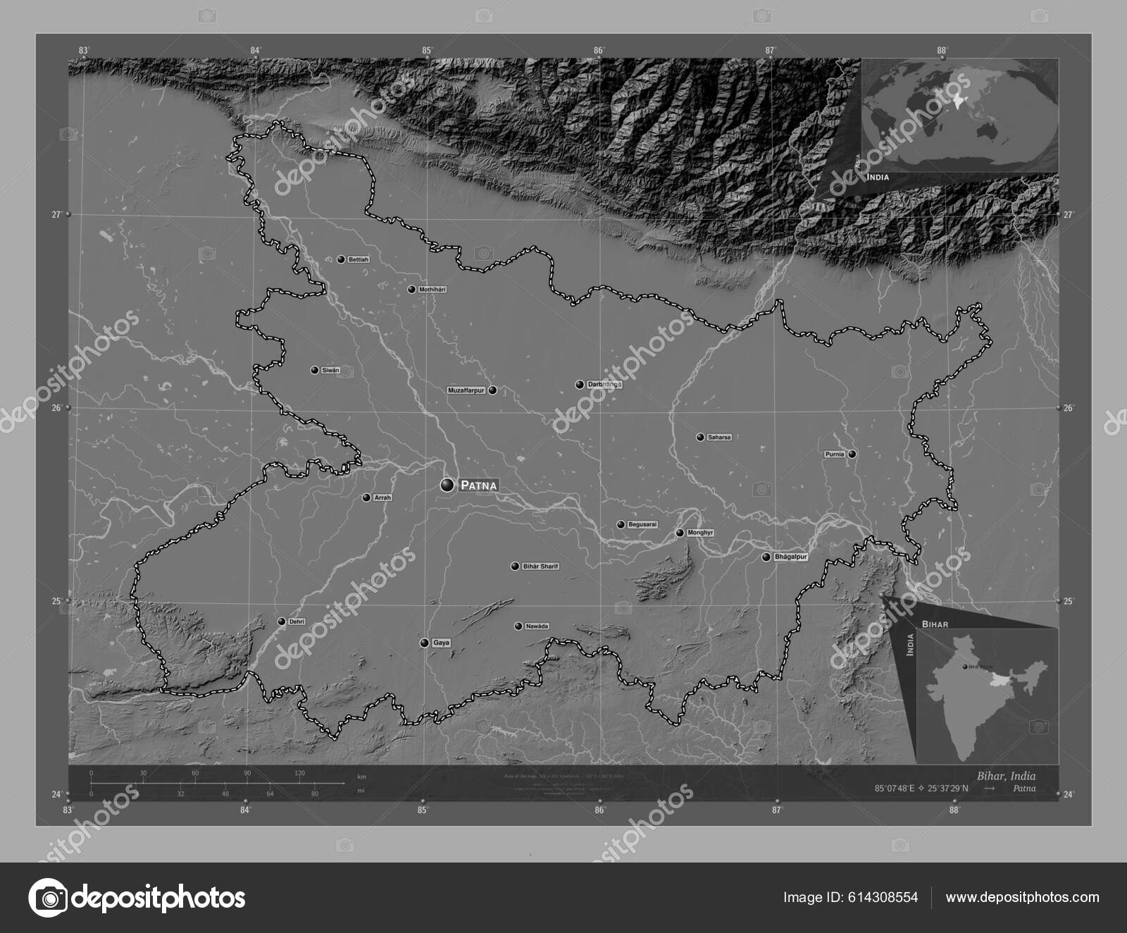 Bihar State India Bilevel Elevation Map Lakes Rivers Locations Names ...