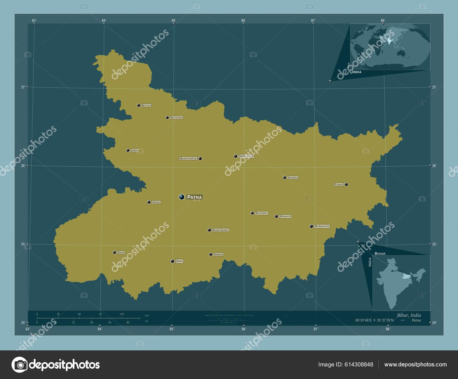 Bihar State India Solid Color Shape Locations Names Major Cities ...