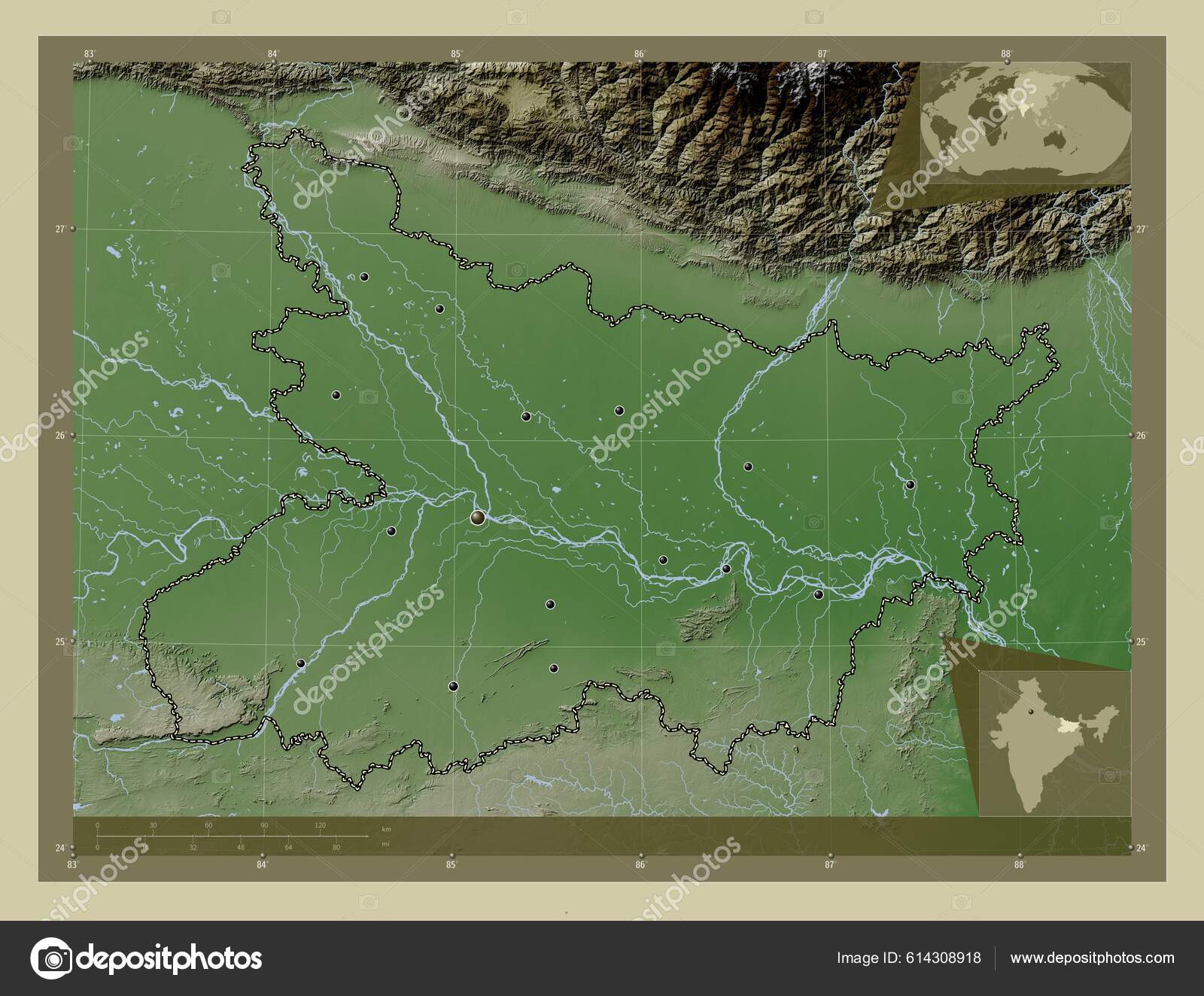 Bihar State India Elevation Map Colored Wiki Style Lakes Rivers — Stock ...