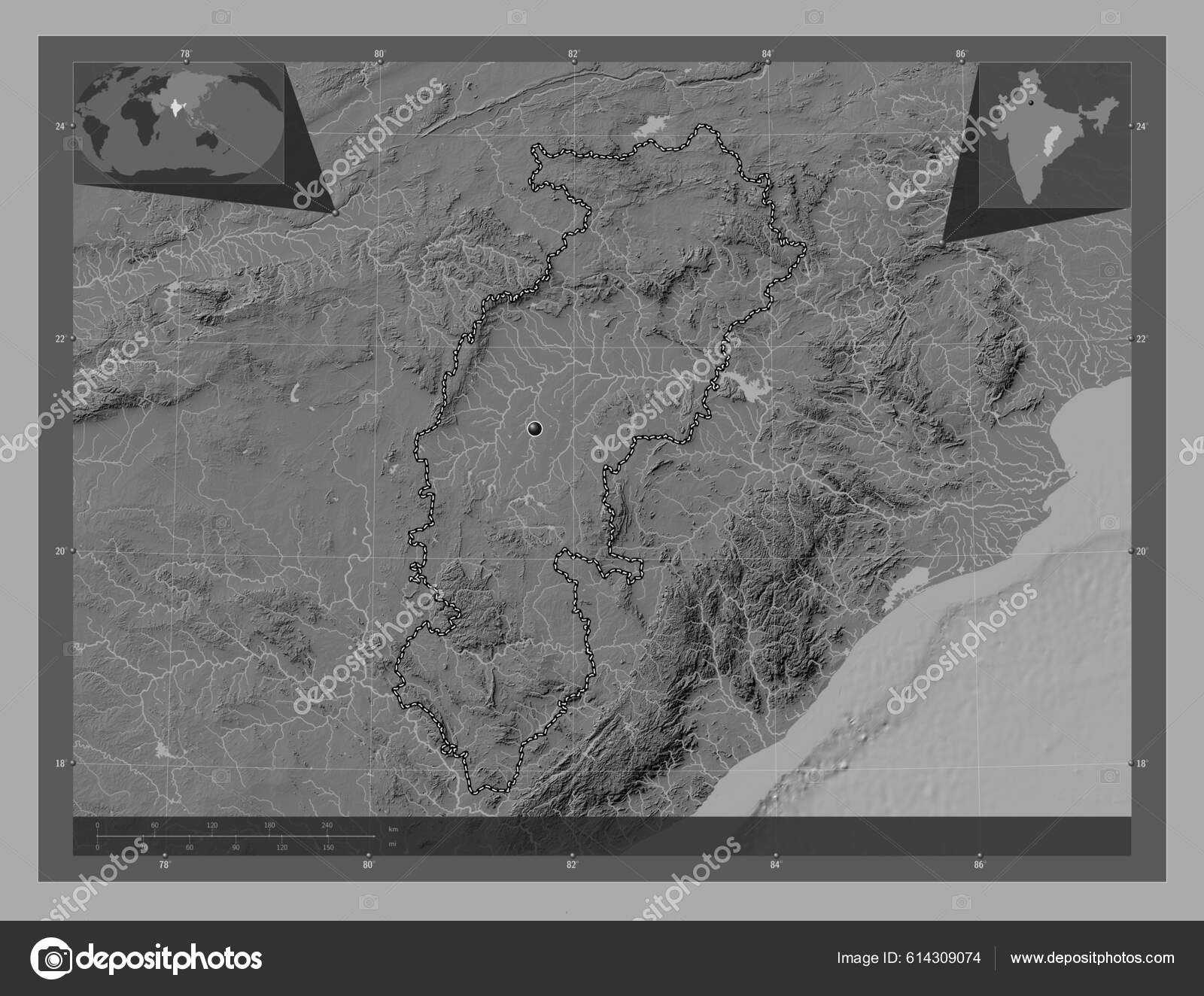 Chhattisgarh State India Bilevel Elevation Map Lakes Rivers Corner ...