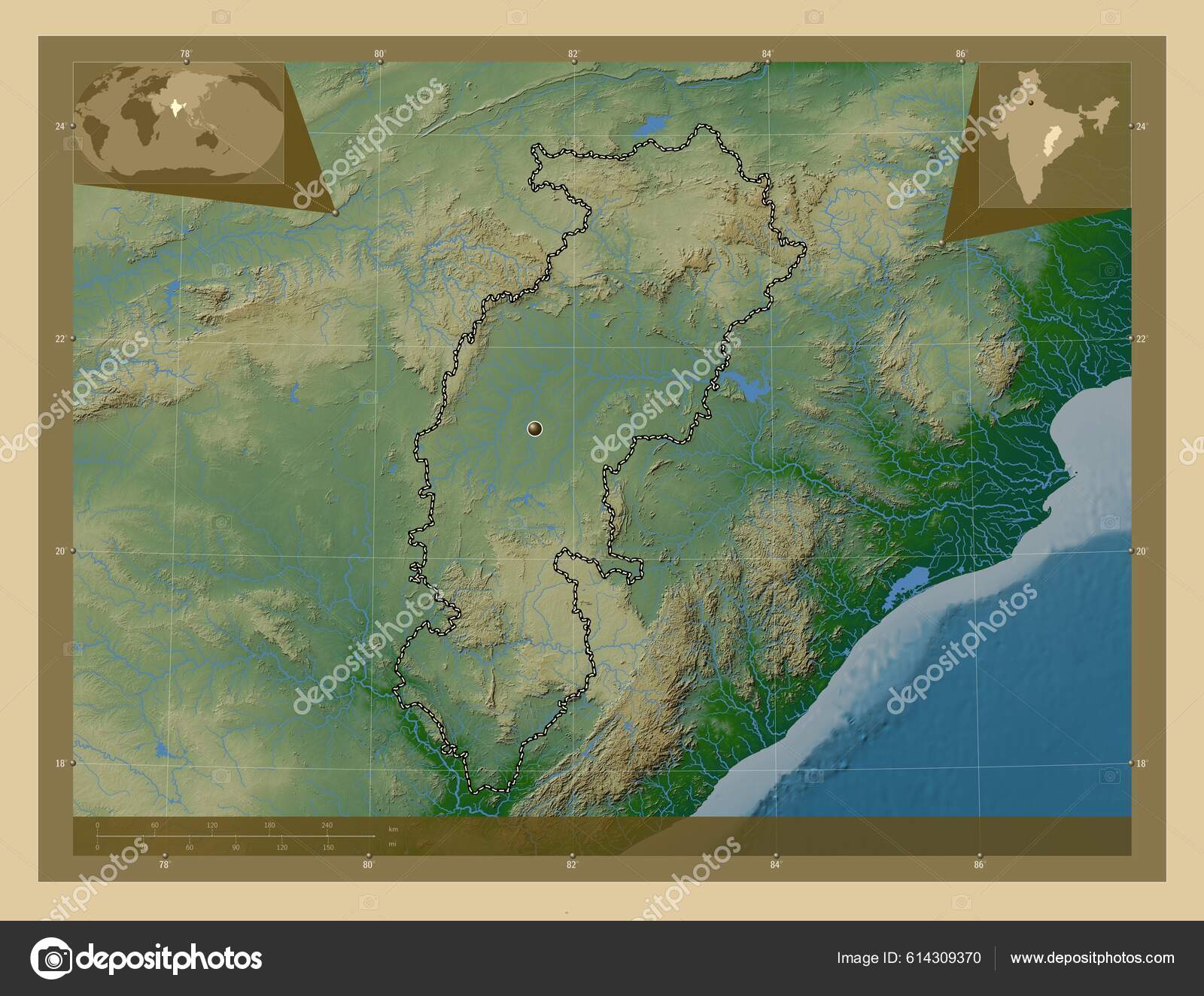 Chhattisgarh State India Colored Elevation Map Lakes Rivers Corner ...