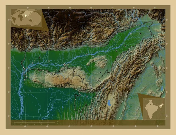Assam, state of India. Colored elevation map with lakes and rivers ...