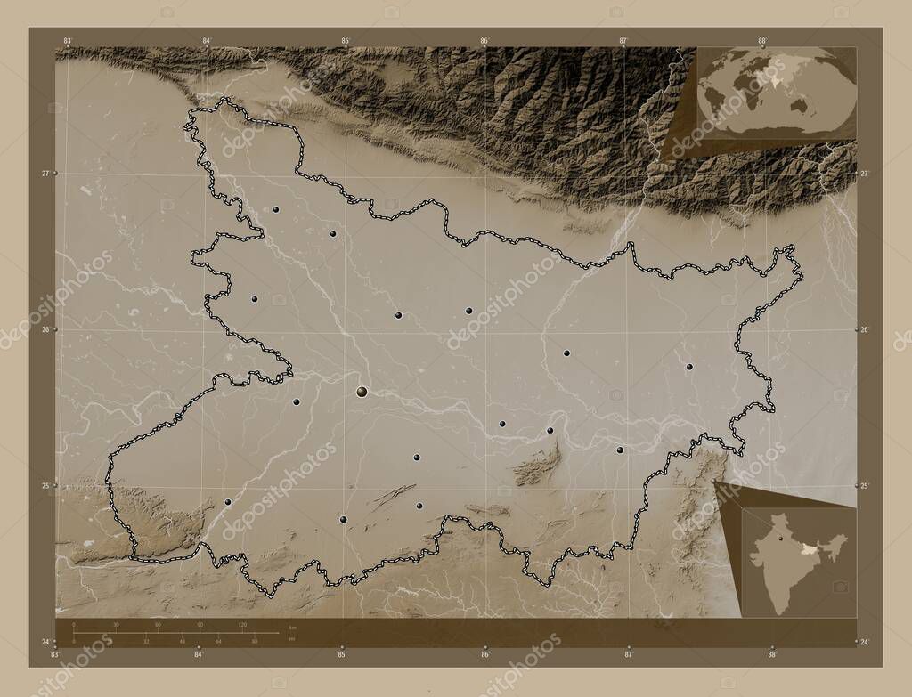 Bihar, estado de la India. Mapa de elevación coloreado en tonos sepia ...