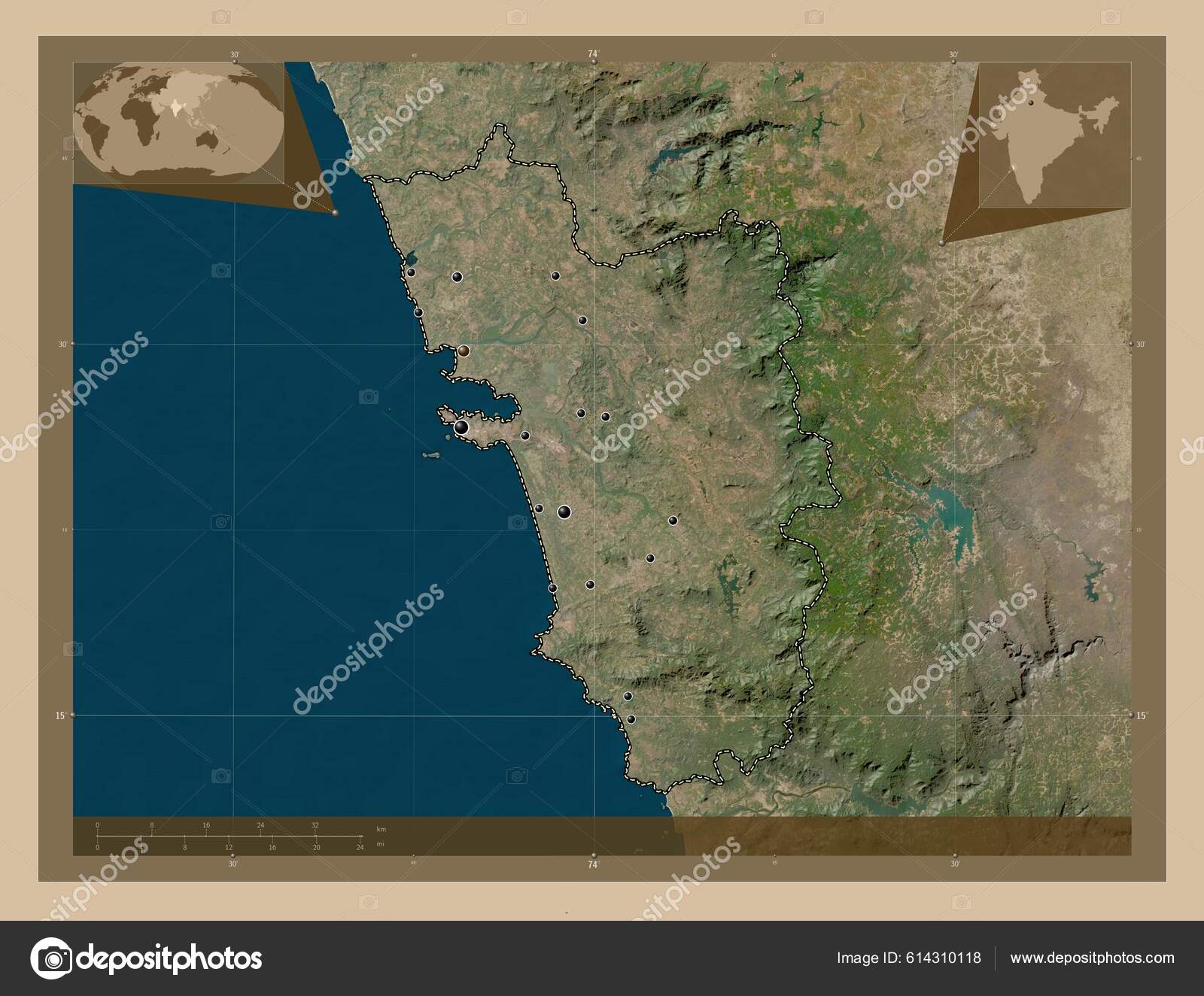 Goa State India Low Resolution Satellite Map Locations Major Cities ...
