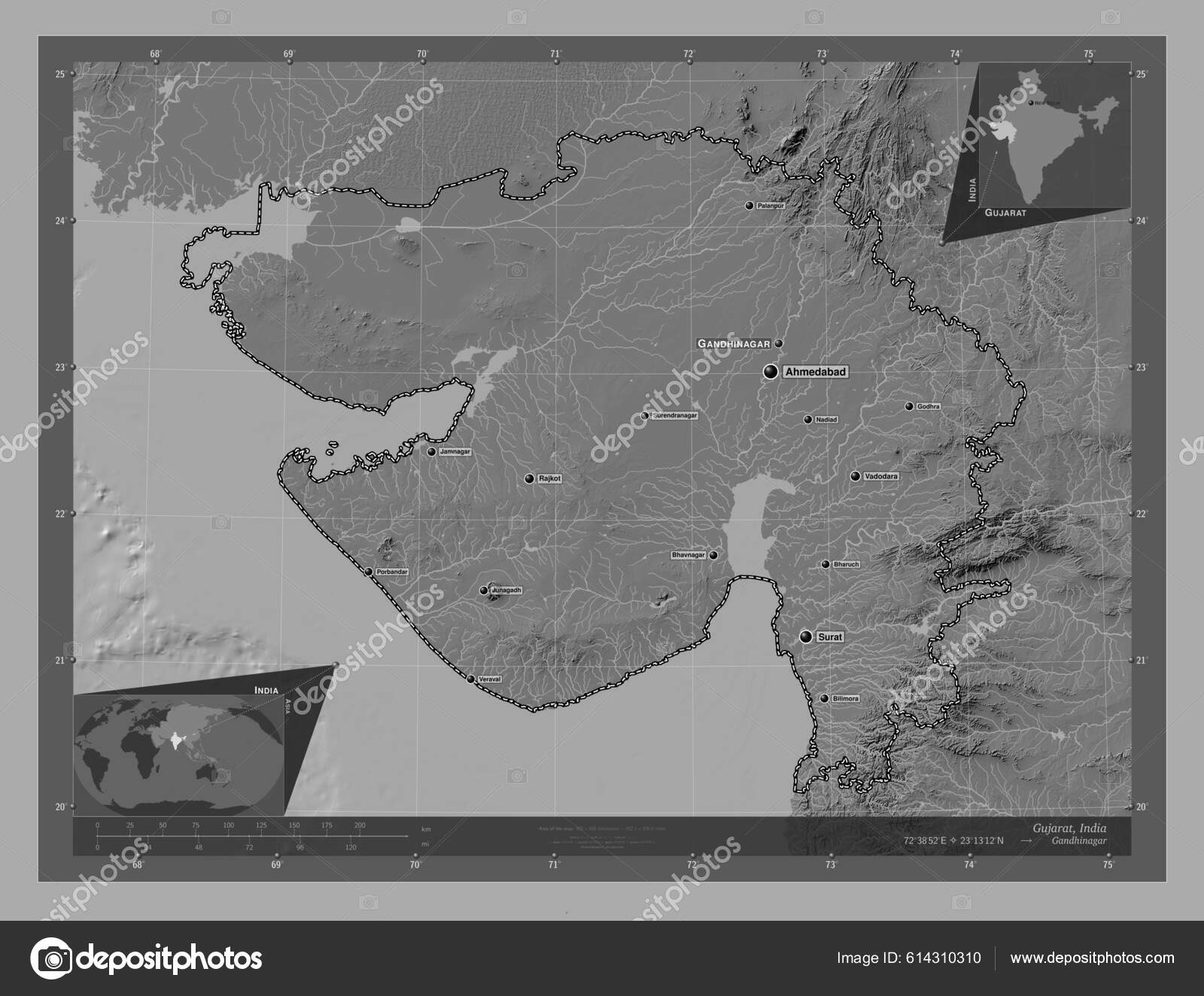 Gujarat State India Bilevel Elevation Map Lakes Rivers Locations Names ...