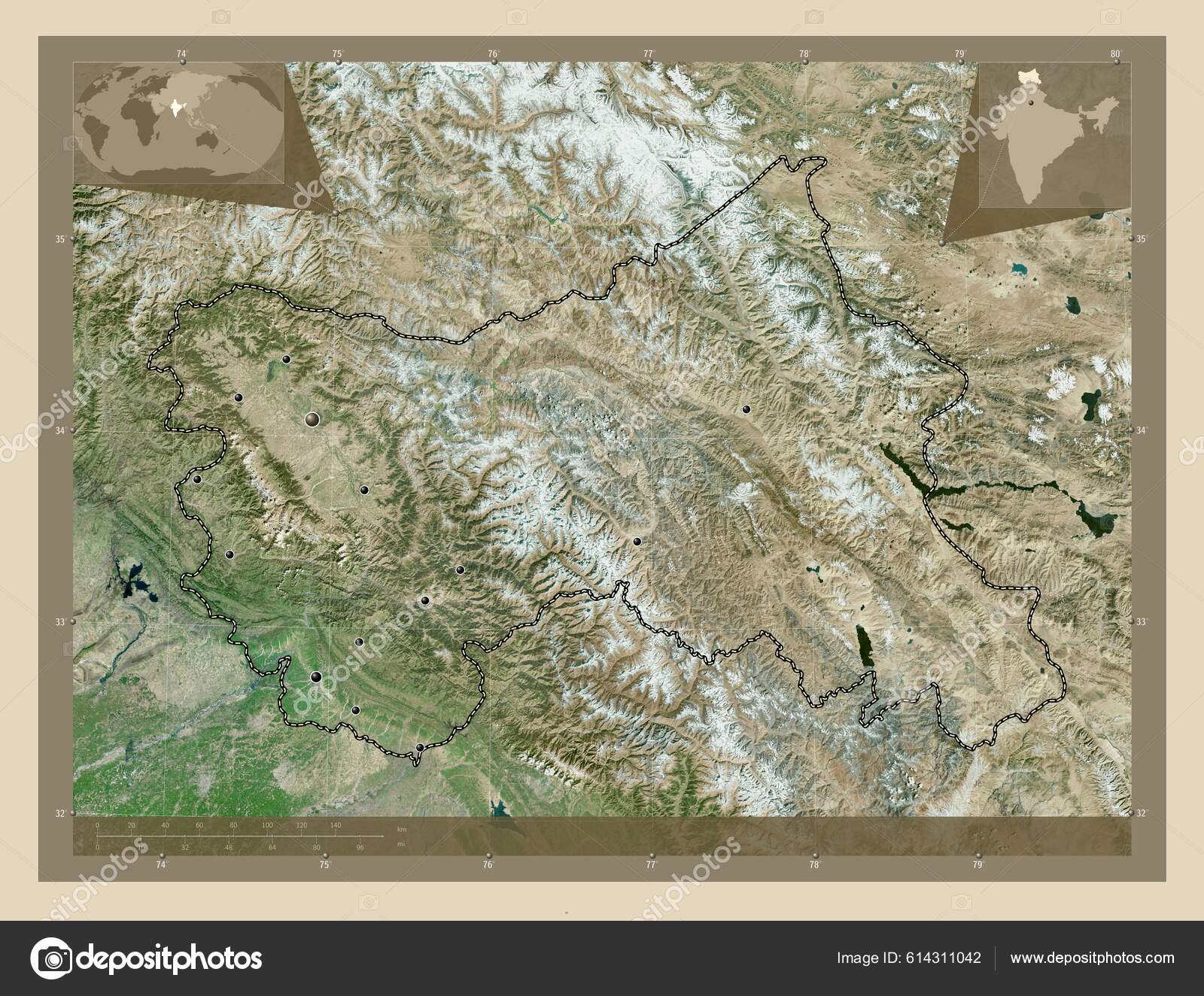 Jammu Caxemira Estado Índia Mapa Satélite Alta Resolução Locais Das ...