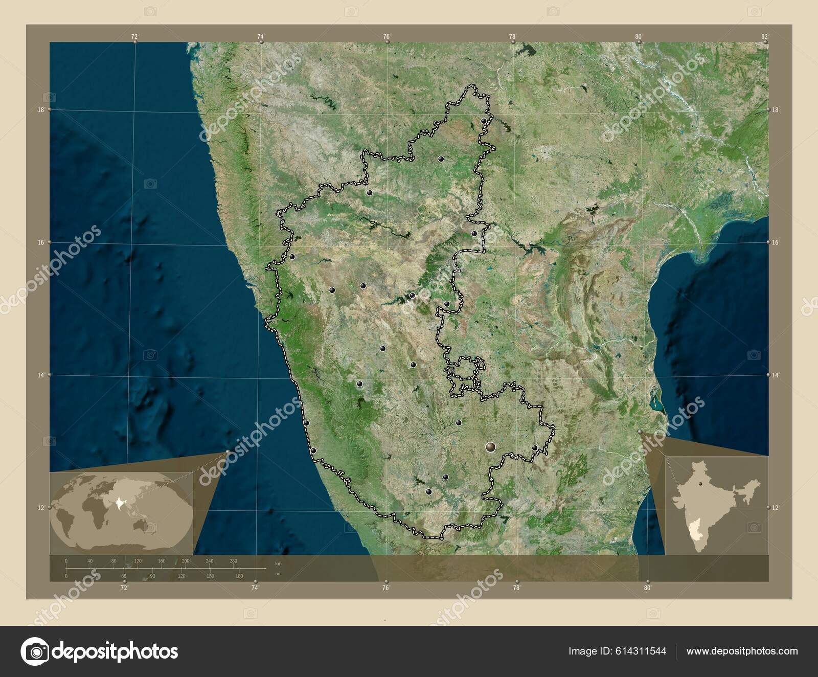 Karnataka State India High Resolution Satellite Map Locations Major ...