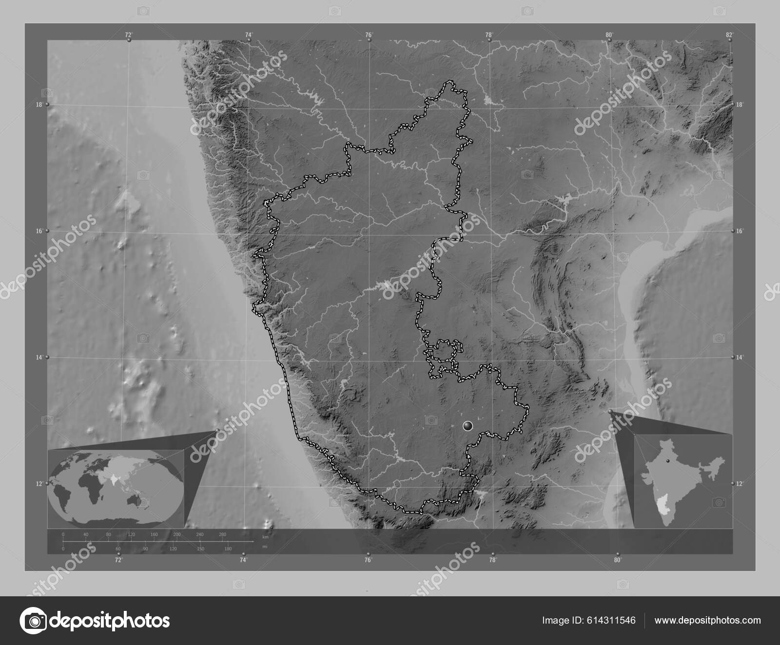 Karnataka State India Grayscale Elevation Map Lakes Rivers Corner ...