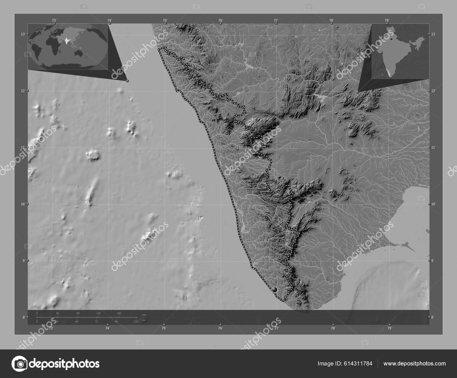 Kerala State India Bilevel Elevation Map Lakes Rivers Corner Auxiliary ...