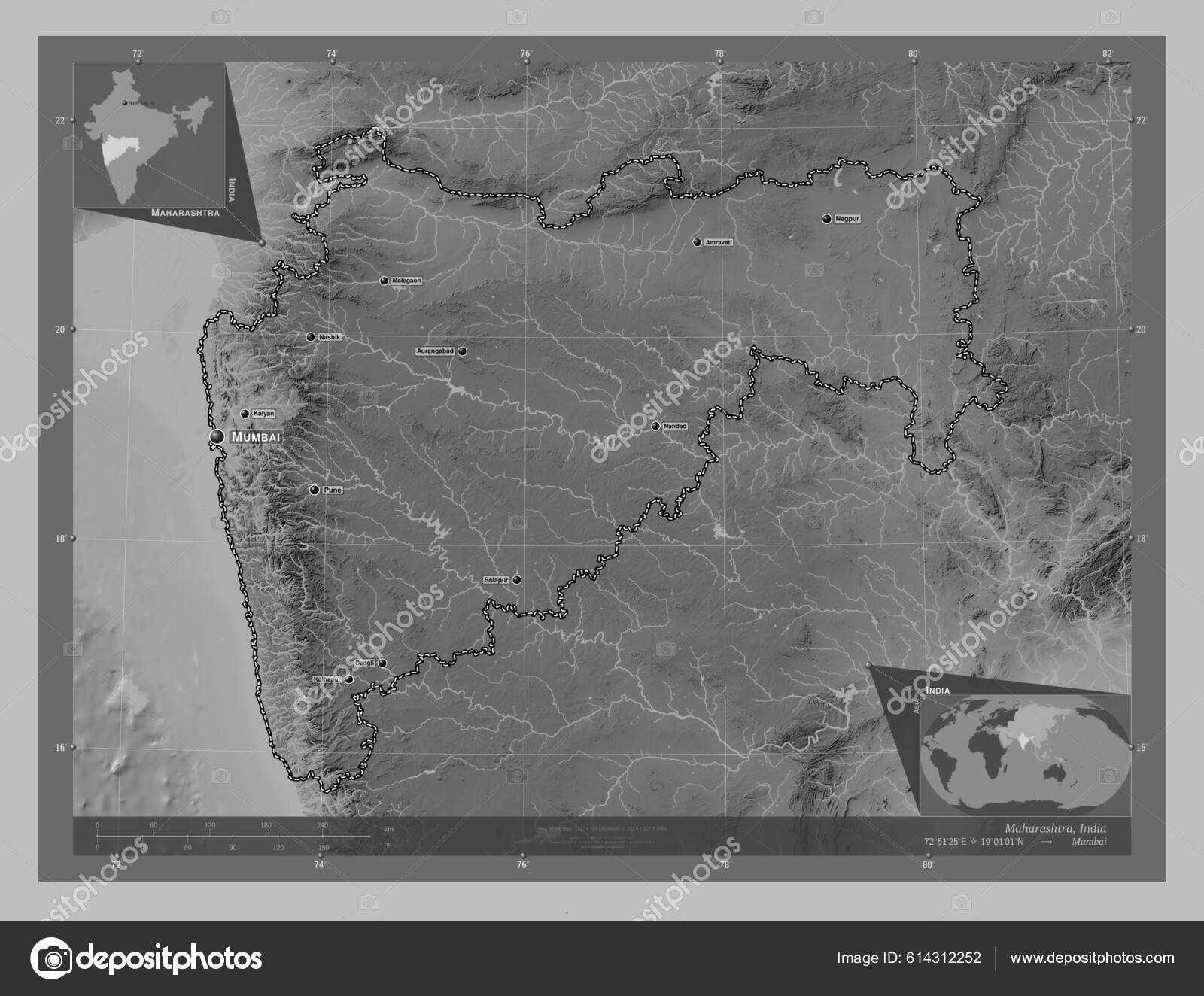 Maharashtra State India Grayscale Elevation Map Lakes Rivers Locations ...