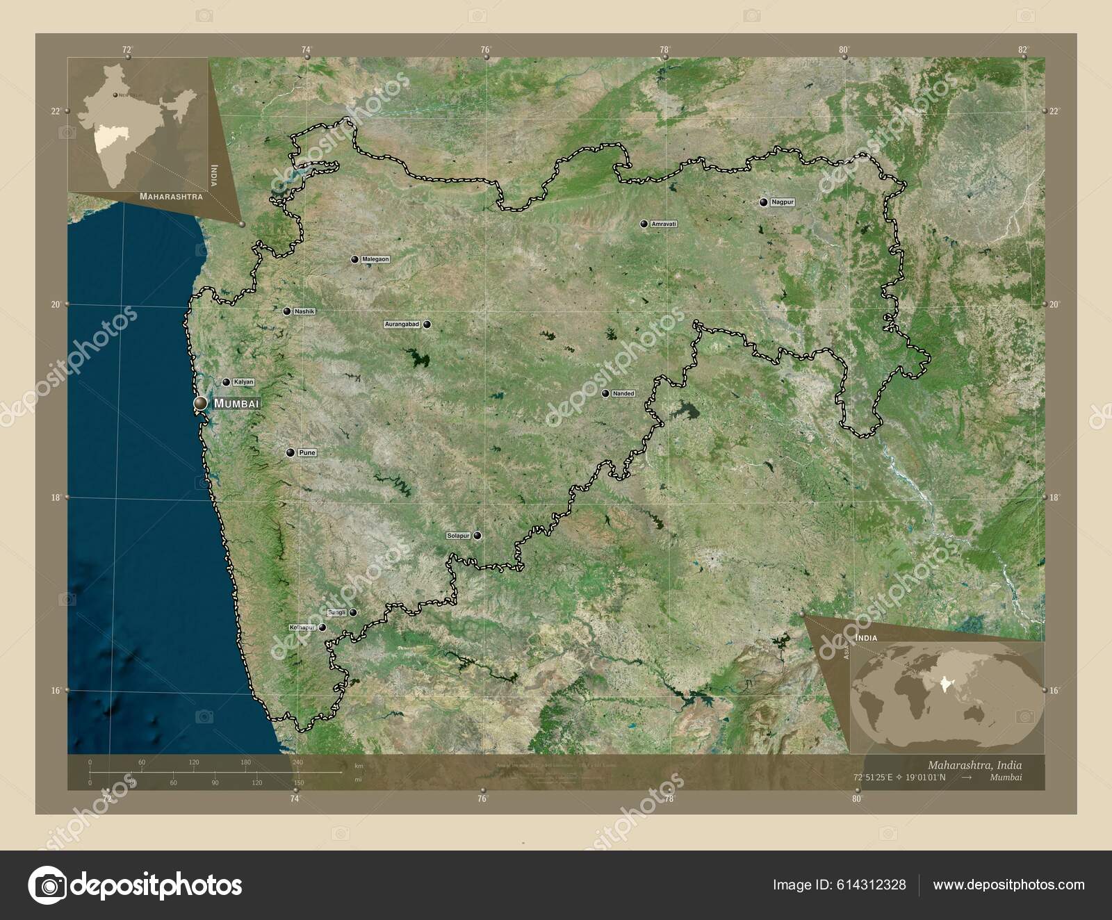 Maharashtra State India High Resolution Satellite Map Locations Names ...
