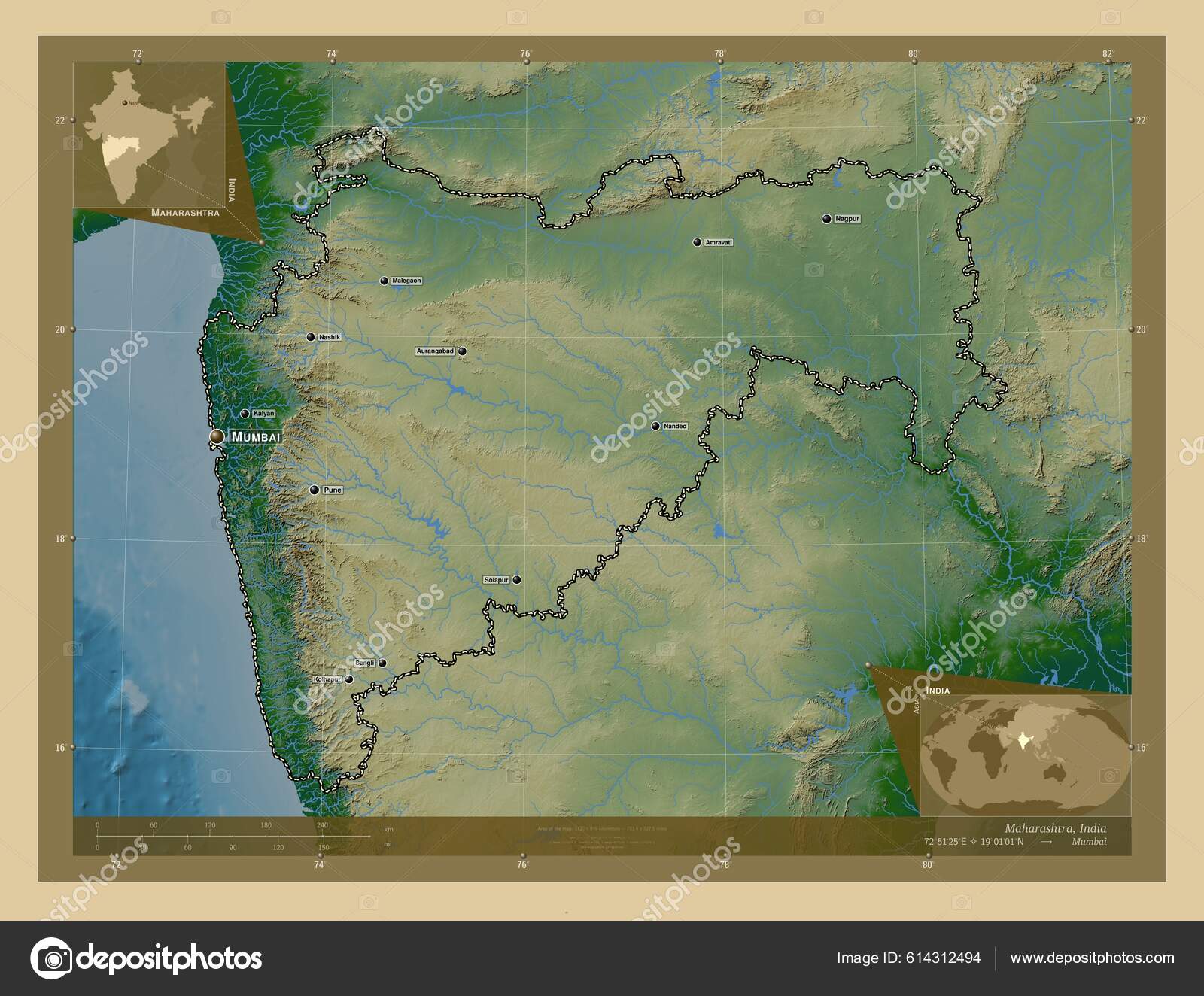 Maharashtra State India Colored Elevation Map Lakes Rivers Locations ...