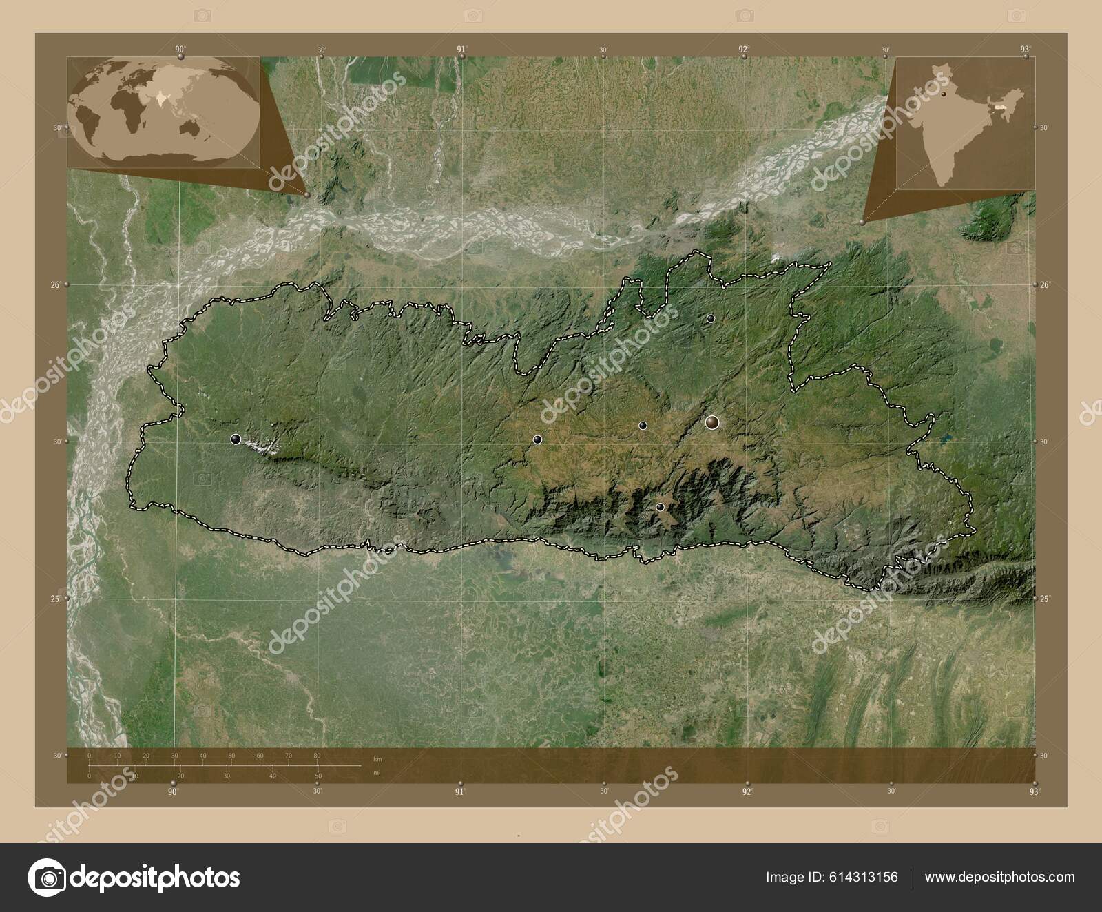 Meghalaya State India Low Resolution Satellite Map Locations Major ...