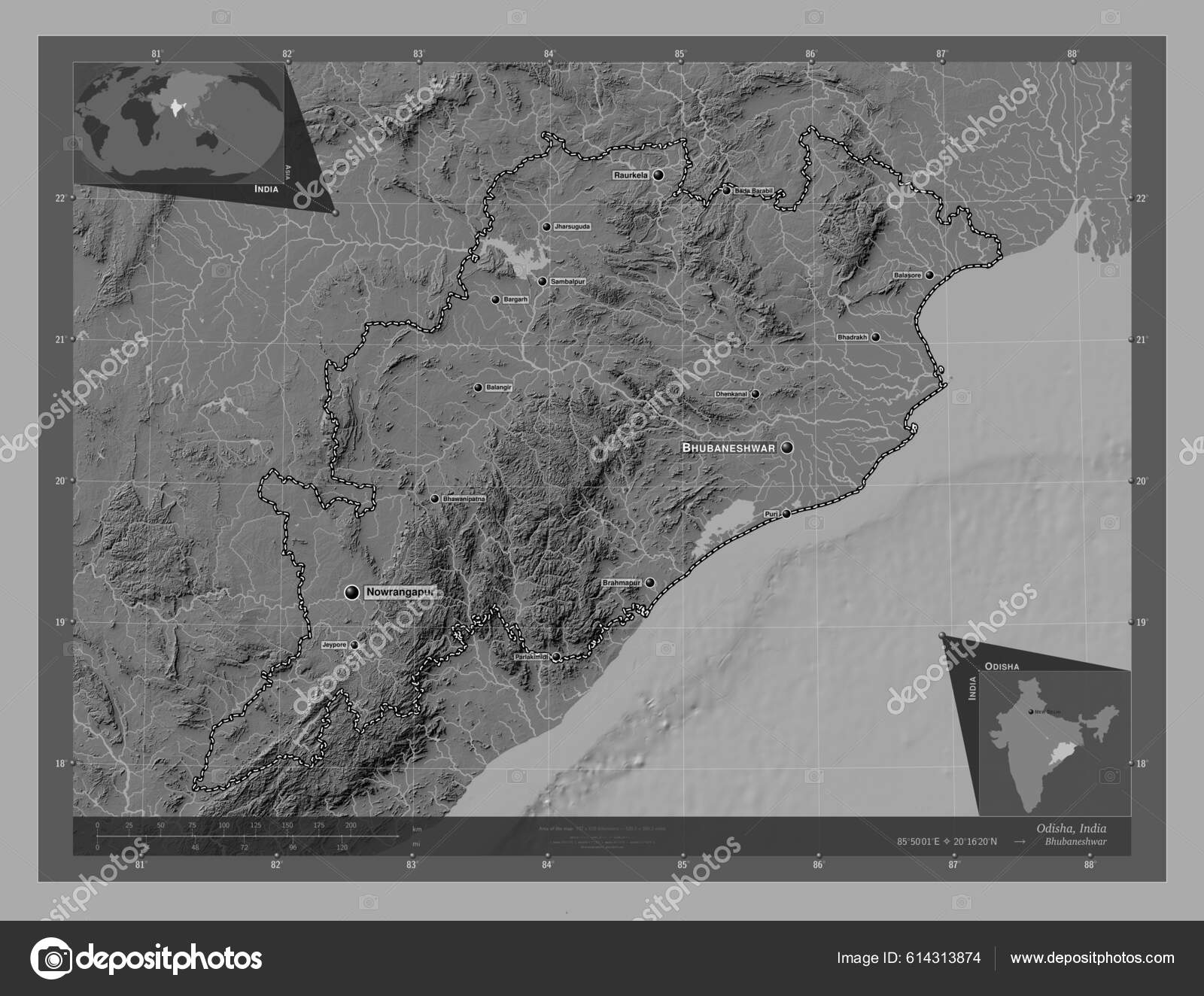 Odisha State India Bilevel Elevation Map Lakes Rivers Locations Names ...