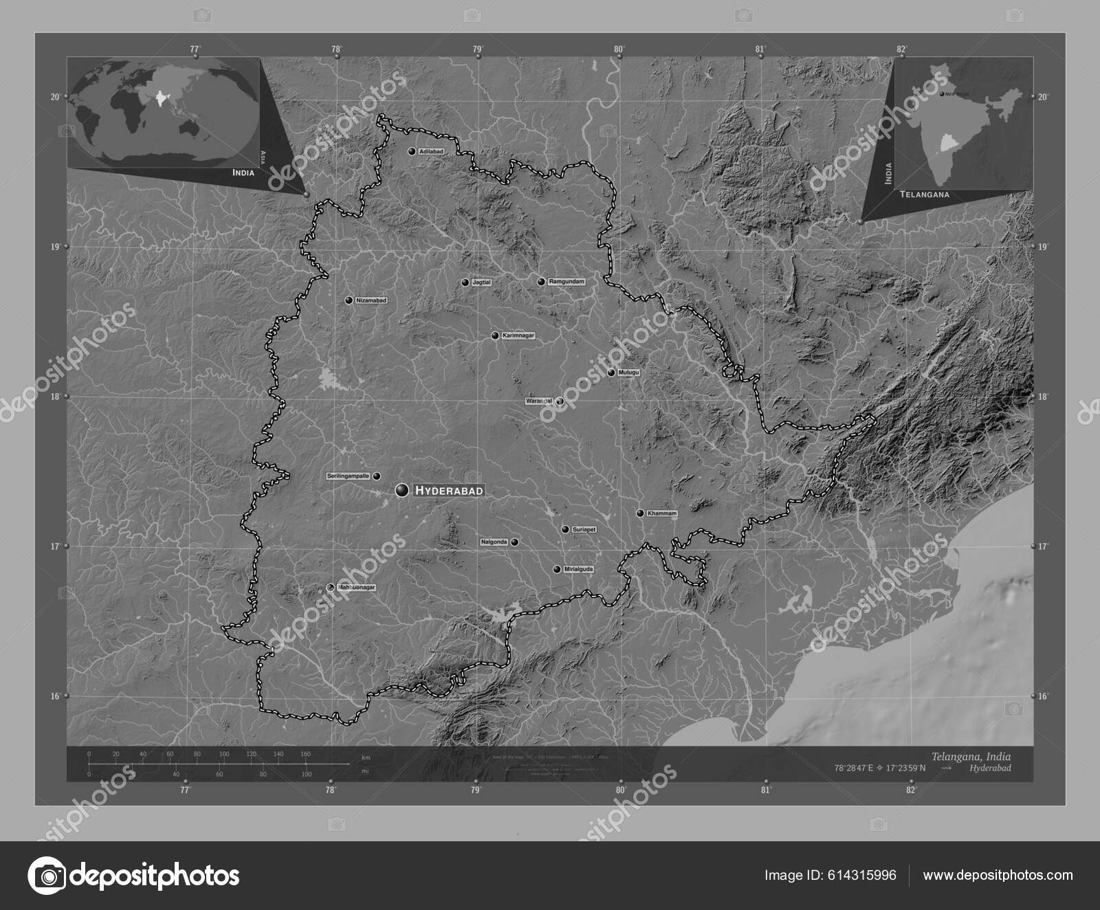 Telangana State India Bilevel Elevation Map Lakes Rivers Locations ...