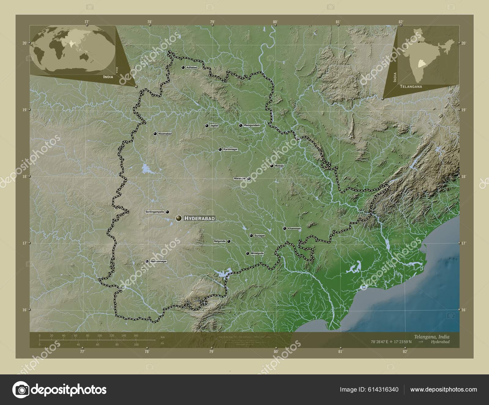Telangana State India Elevation Map Colored Wiki Style Lakes Rivers ...
