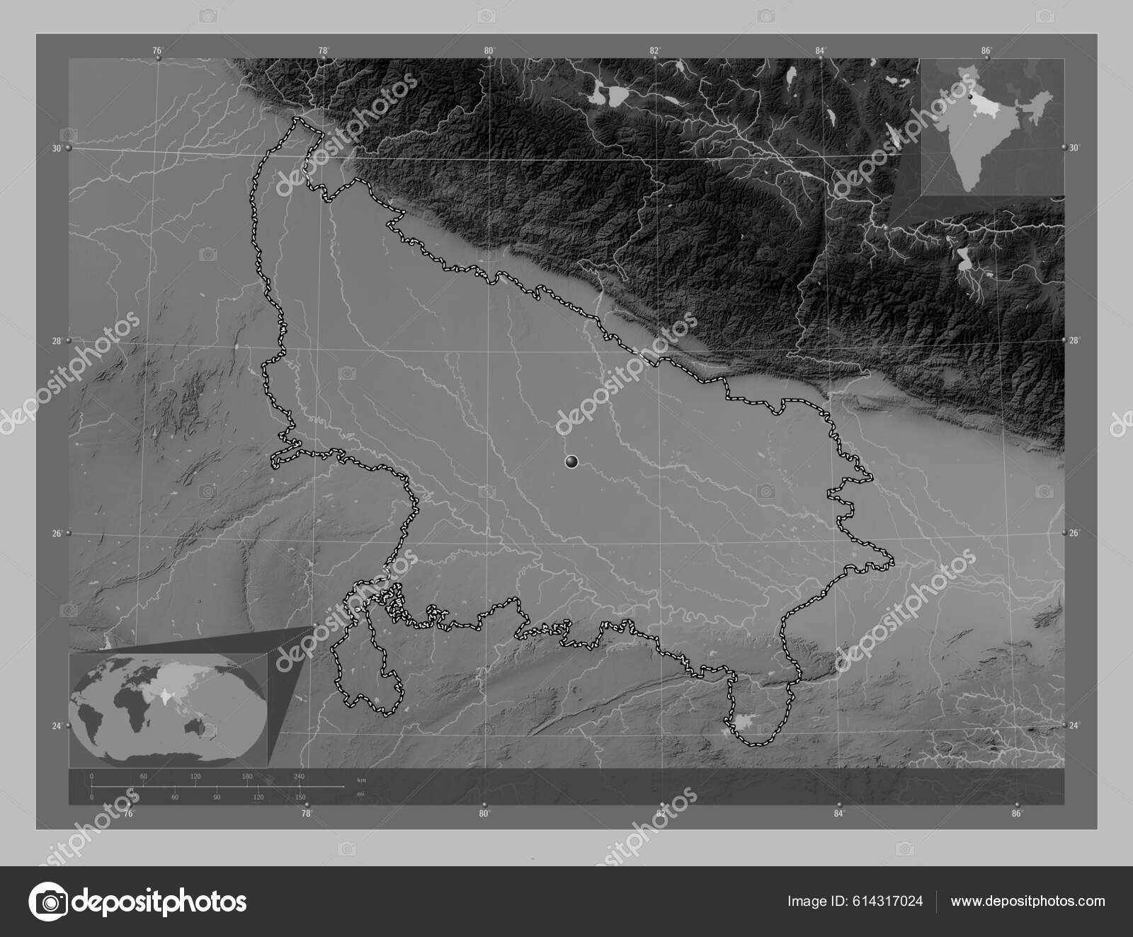 Uttar Pradesh State India Grayscale Elevation Map Lakes Rivers Corner ...