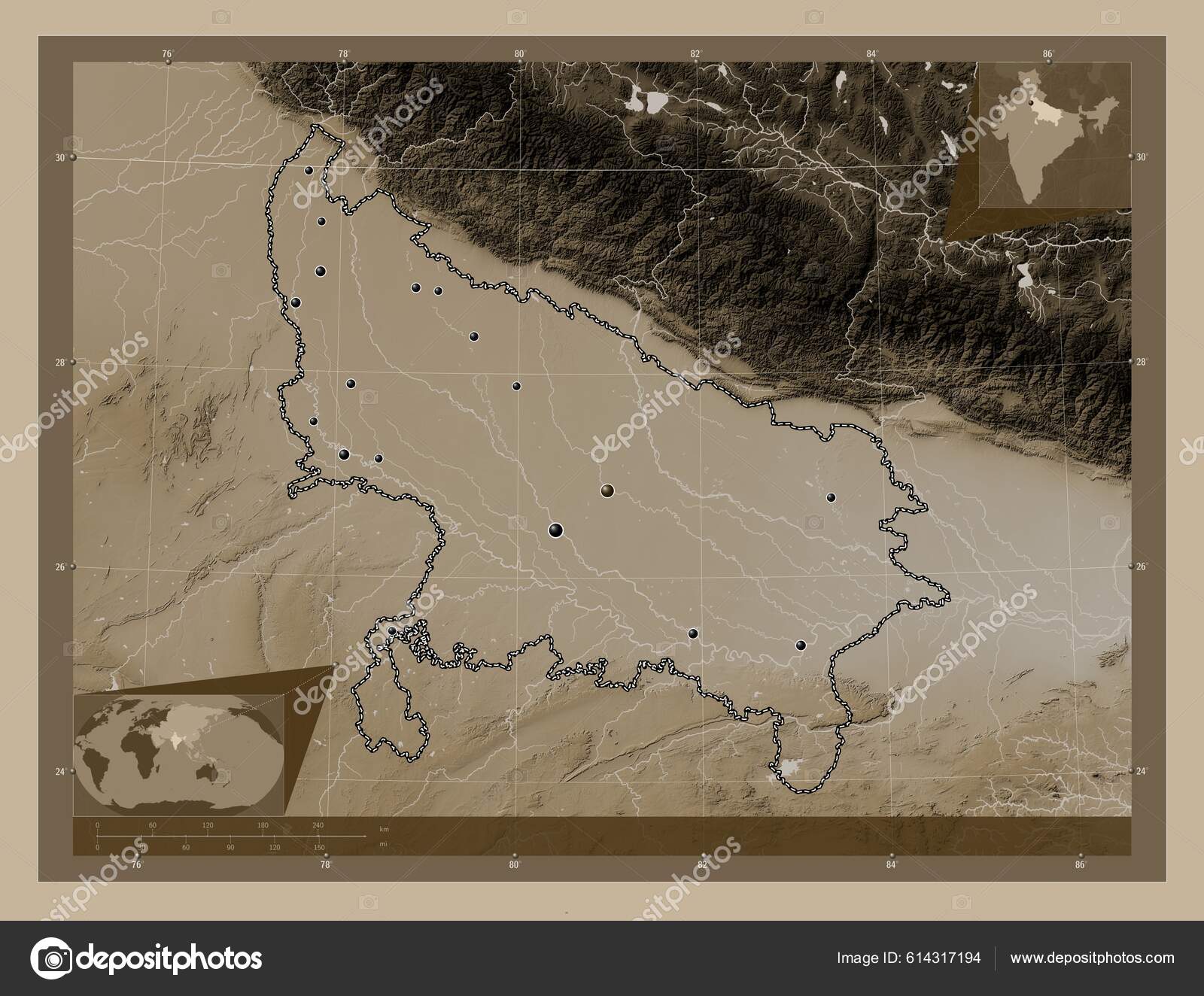 Uttar Pradesh State India Elevation Map Colored Sepia Tones Lakes ...