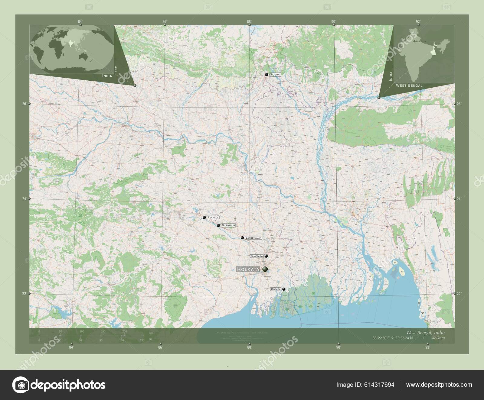 West Bengal State India Open Street Map Locations Names Major — Stock ...