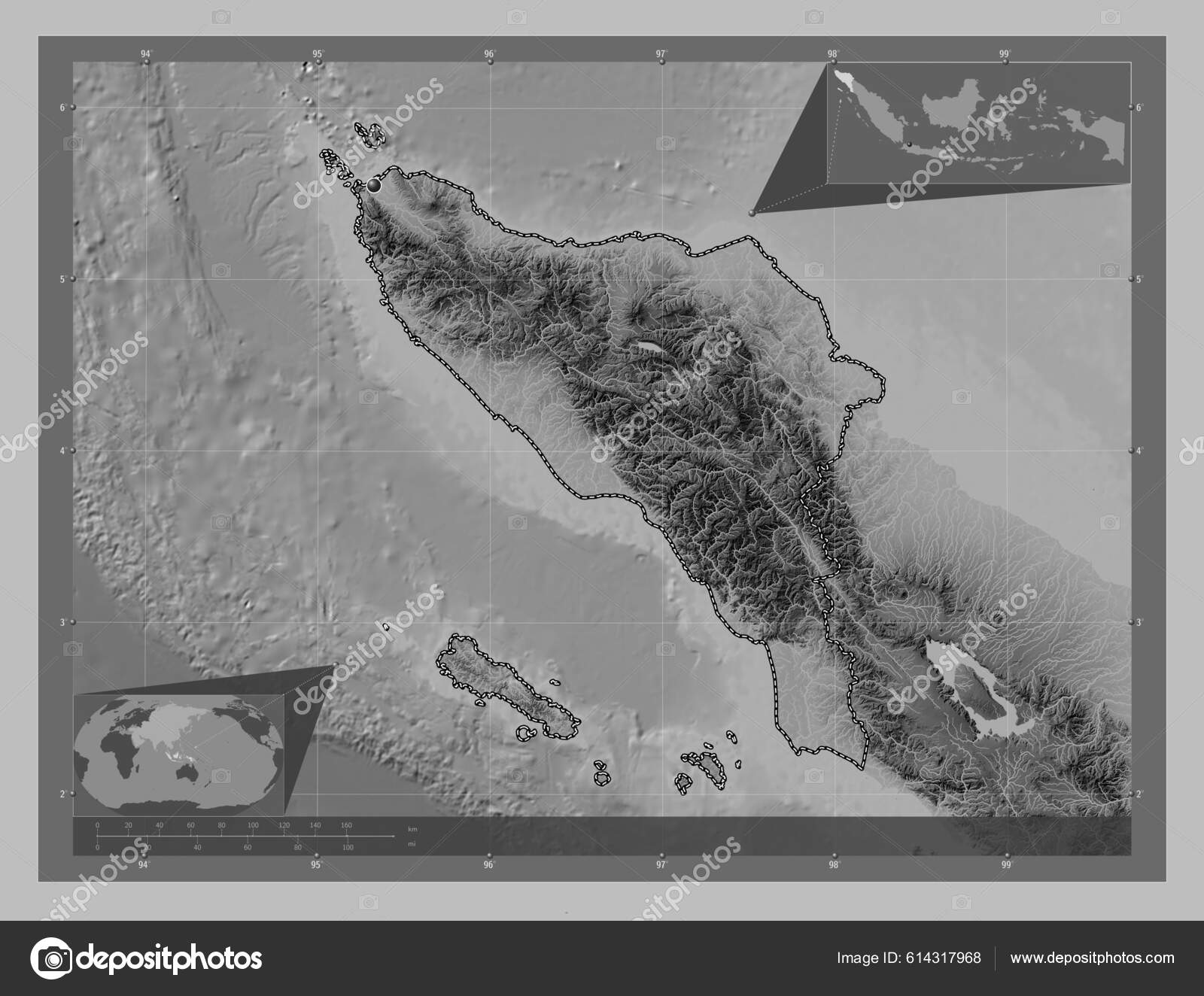 Aceh Autonomous Province Indonesia Grayscale Elevation Map Lakes Rivers ...