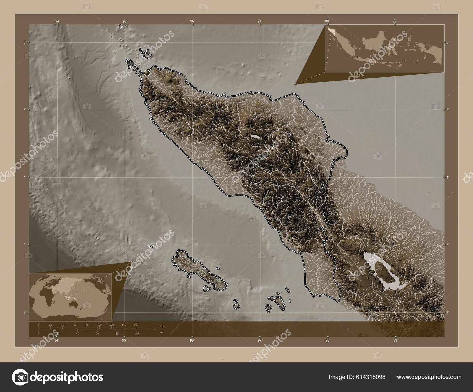 Aceh Autonomous Province Indonesia Elevation Map Colored Sepia Tones ...