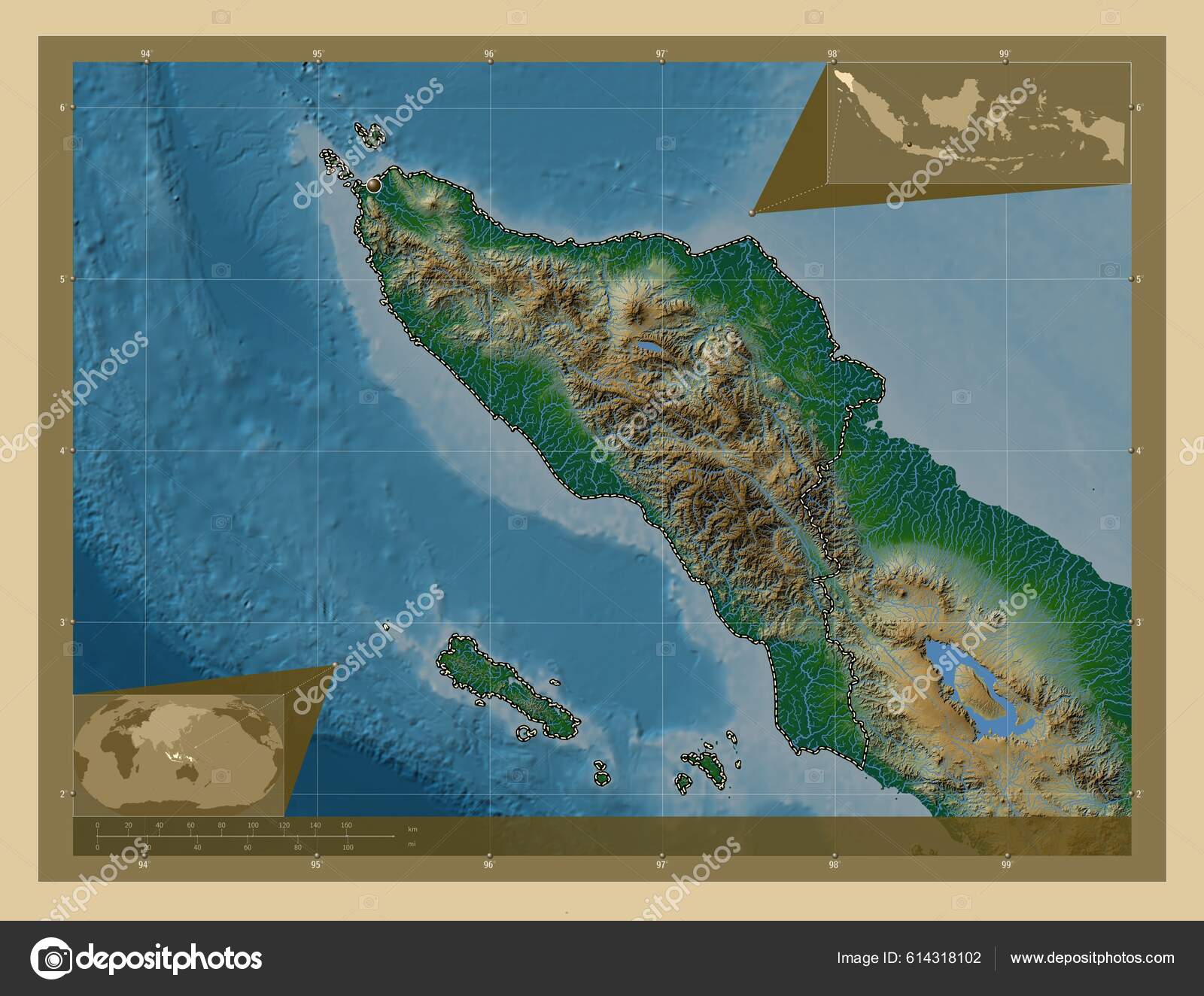 Aceh Autonomous Province Indonesia Colored Elevation Map Lakes Rivers ...