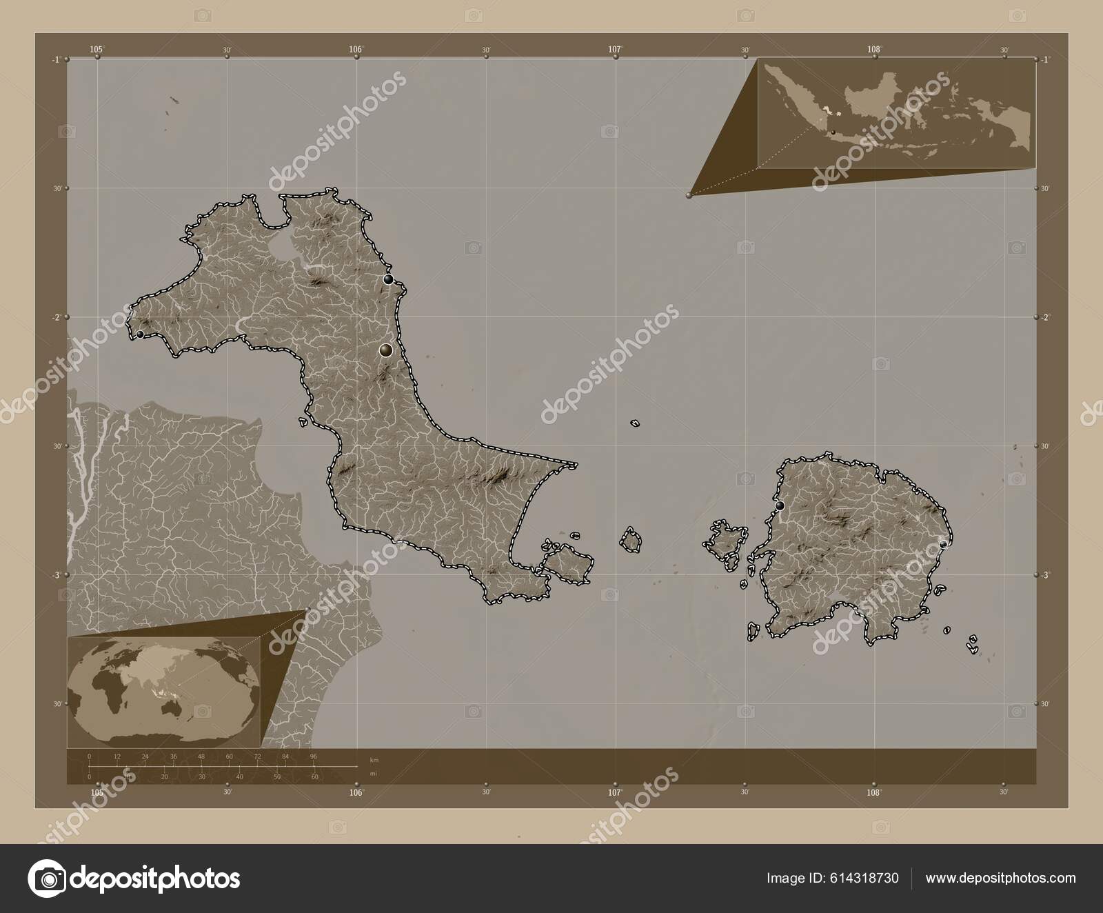 Bangka Belitung Province Indonesia Elevation Map Colored Sepia Tones ...