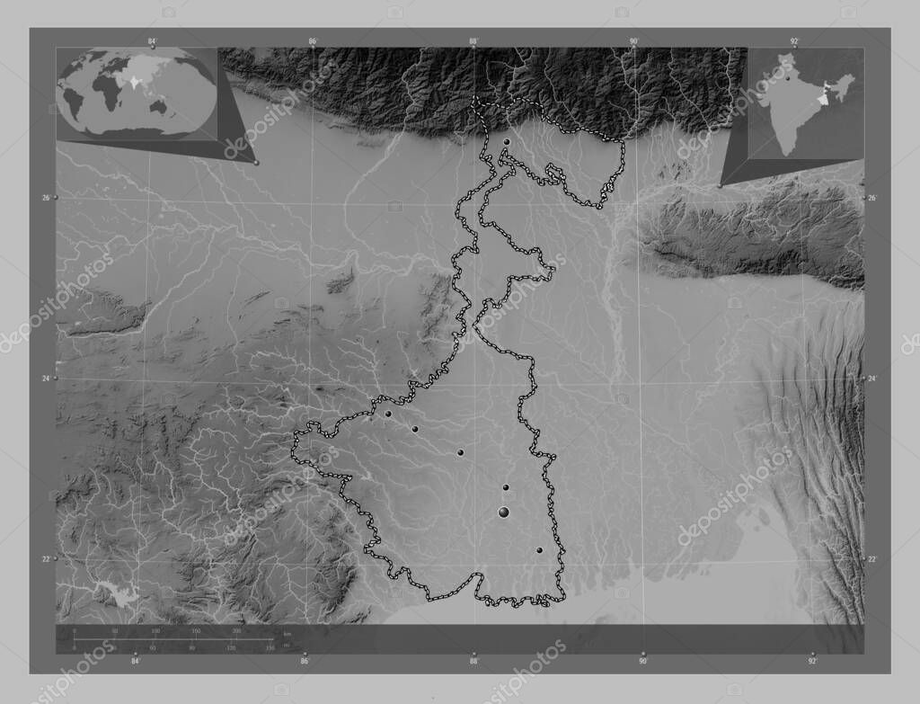 Bengala Occidental, estado de la India. Mapa de elevación a escala de ...