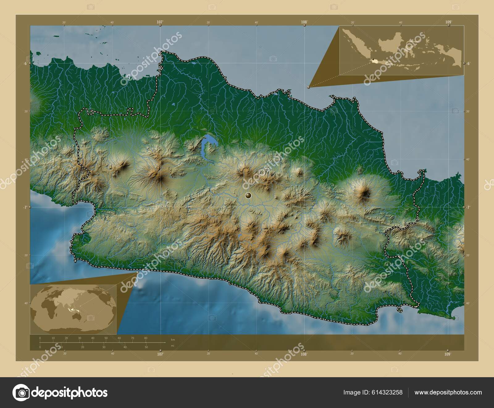 Jawa Barat Province Indonesia Colored Elevation Map Lakes Rivers Corner ... Jawa Barat Province Indonesia Colored Elevation Map Lakes Rivers Corner ...