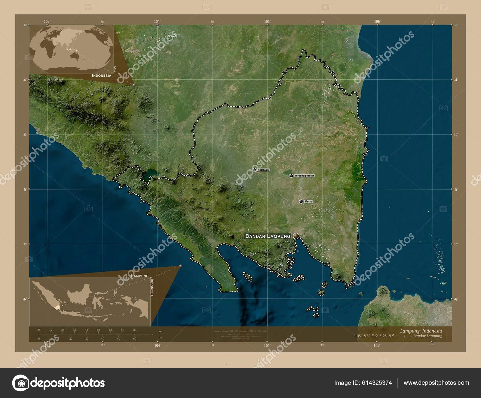 Lampung Province Indonesia Low Resolution Satellite Map Locations Names ...