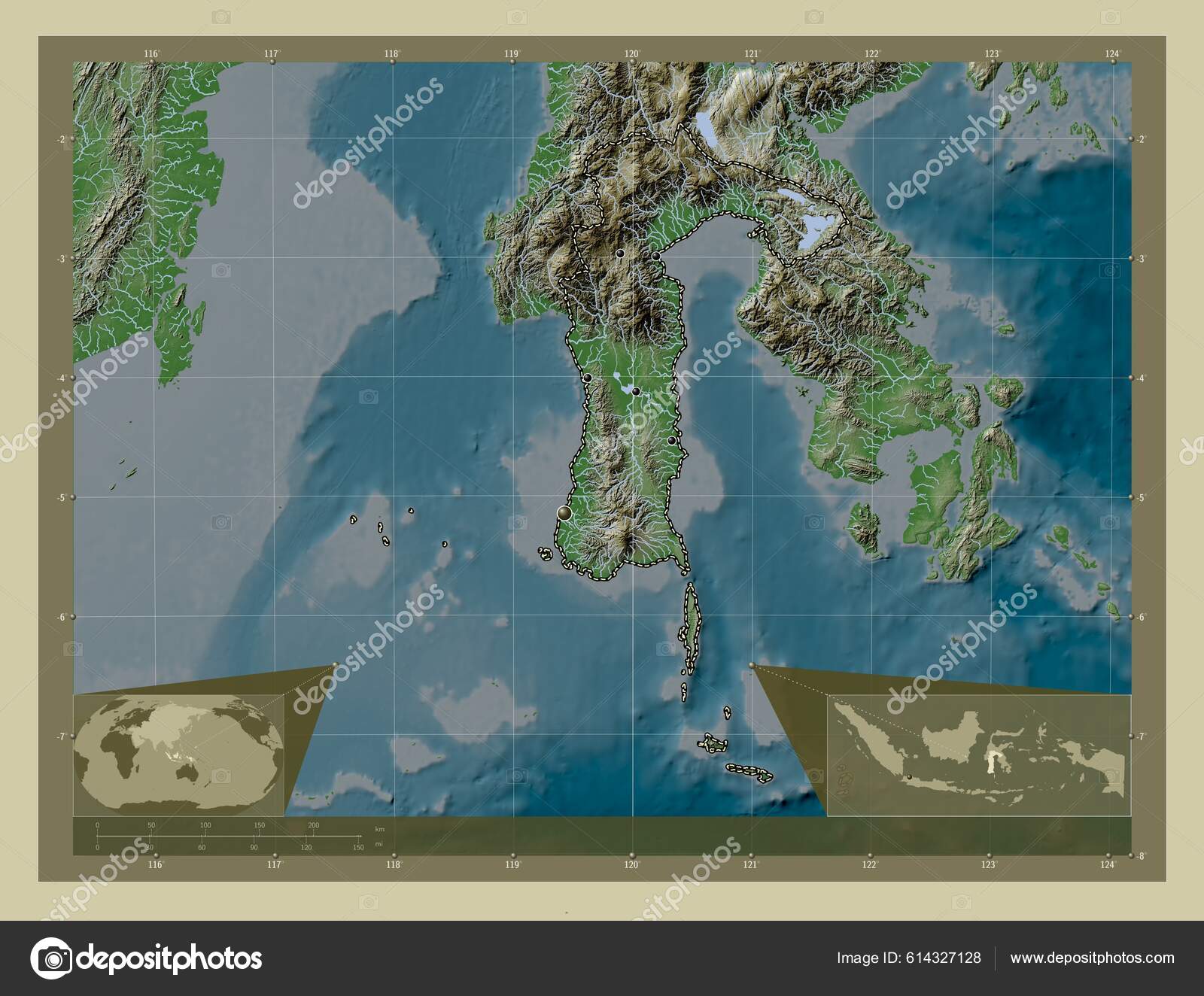 Sulawesi Selatan Province Indonesia Elevation Map Colored Wiki Style Lakes — Stock Photo ...