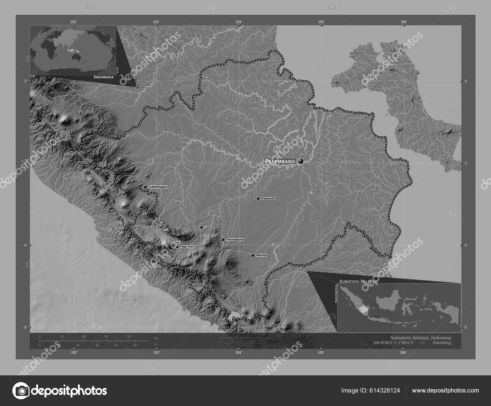 Sumatera Selatan Province Indonesia Bilevel Elevation Map Lakes Rivers ...