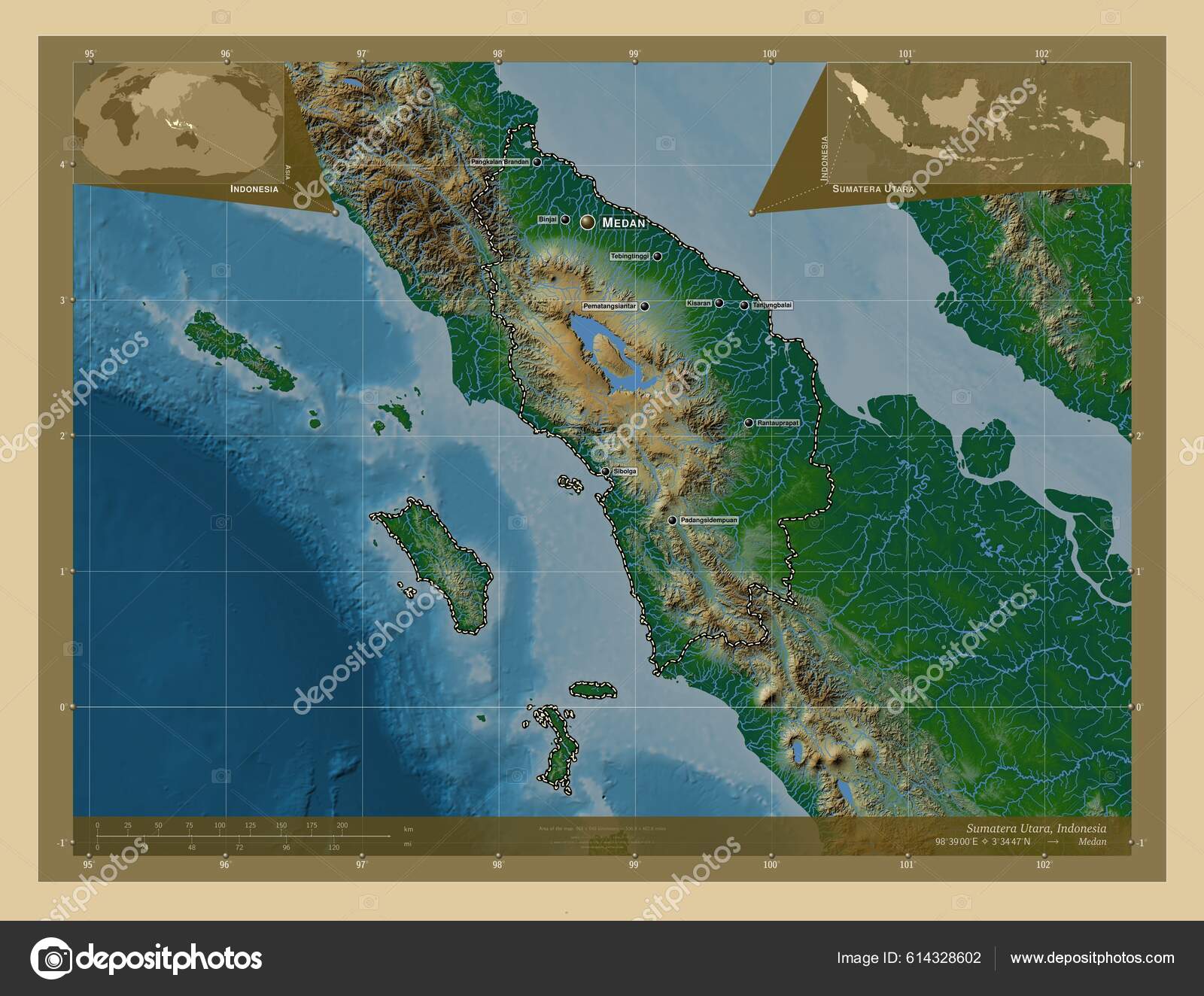 Sumatera Utara Province Indonesia Colored Elevation Map Lakes Rivers ...