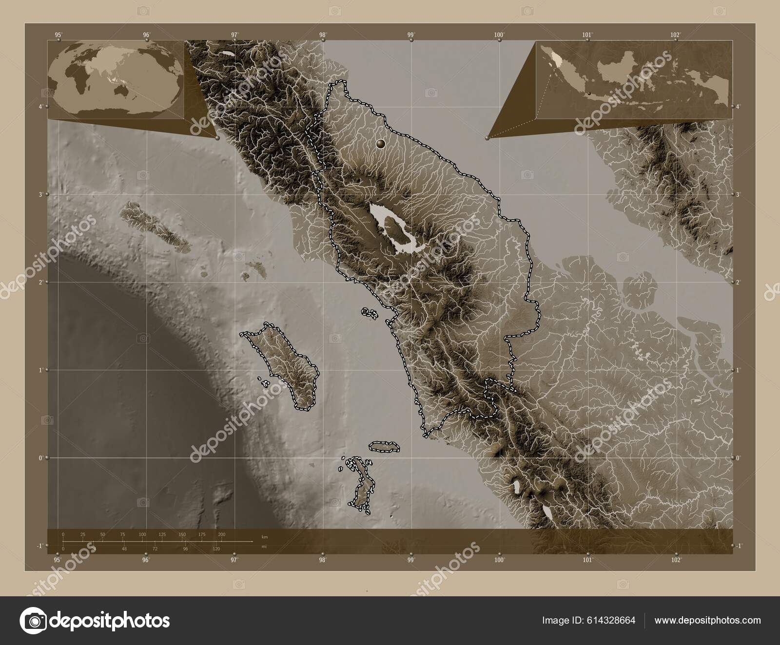 Sumatera Utara Province Indonesia Elevation Map Colored Sepia Tones ...