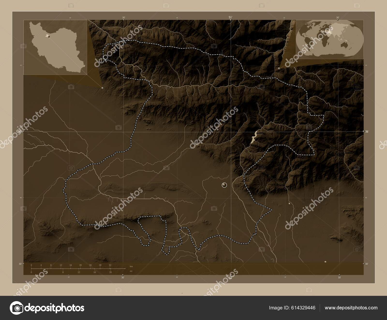 Alborz Province Iran Elevation Map Colored Sepia Tones Lakes Rivers ...