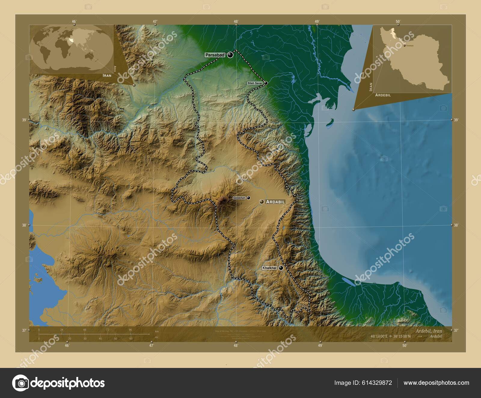 Ardebil Province Iran Colored Elevation Map Lakes Rivers Locations ...
