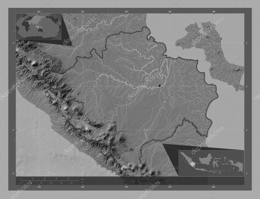 Sumatera Selatan, provincia de Indonesia. Mapa de elevación de Bilevel ...