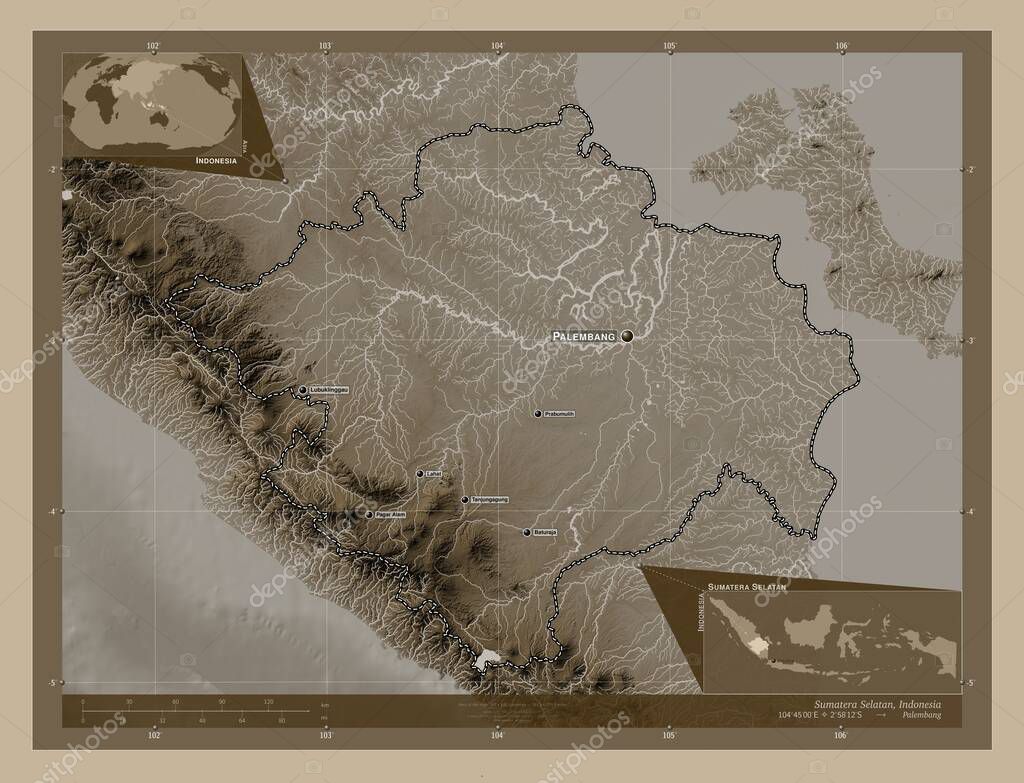 Sumatera Selatan, provincia de Indonesia. Mapa de elevación coloreado ...