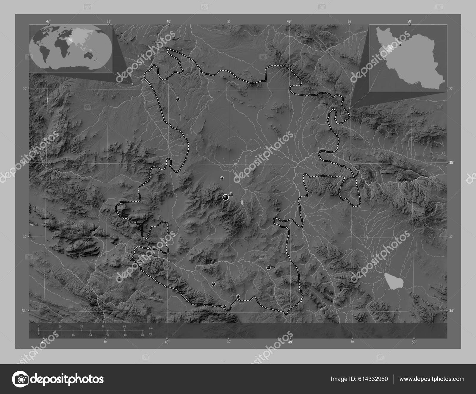 Hamadan Province Iran Grayscale Elevation Map Lakes Rivers Locations ...
