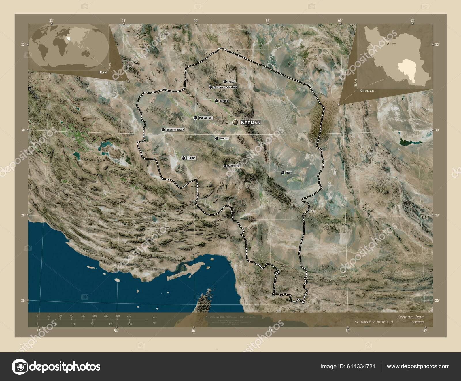 Kerman Province Iran High Resolution Satellite Map Locations Names ...