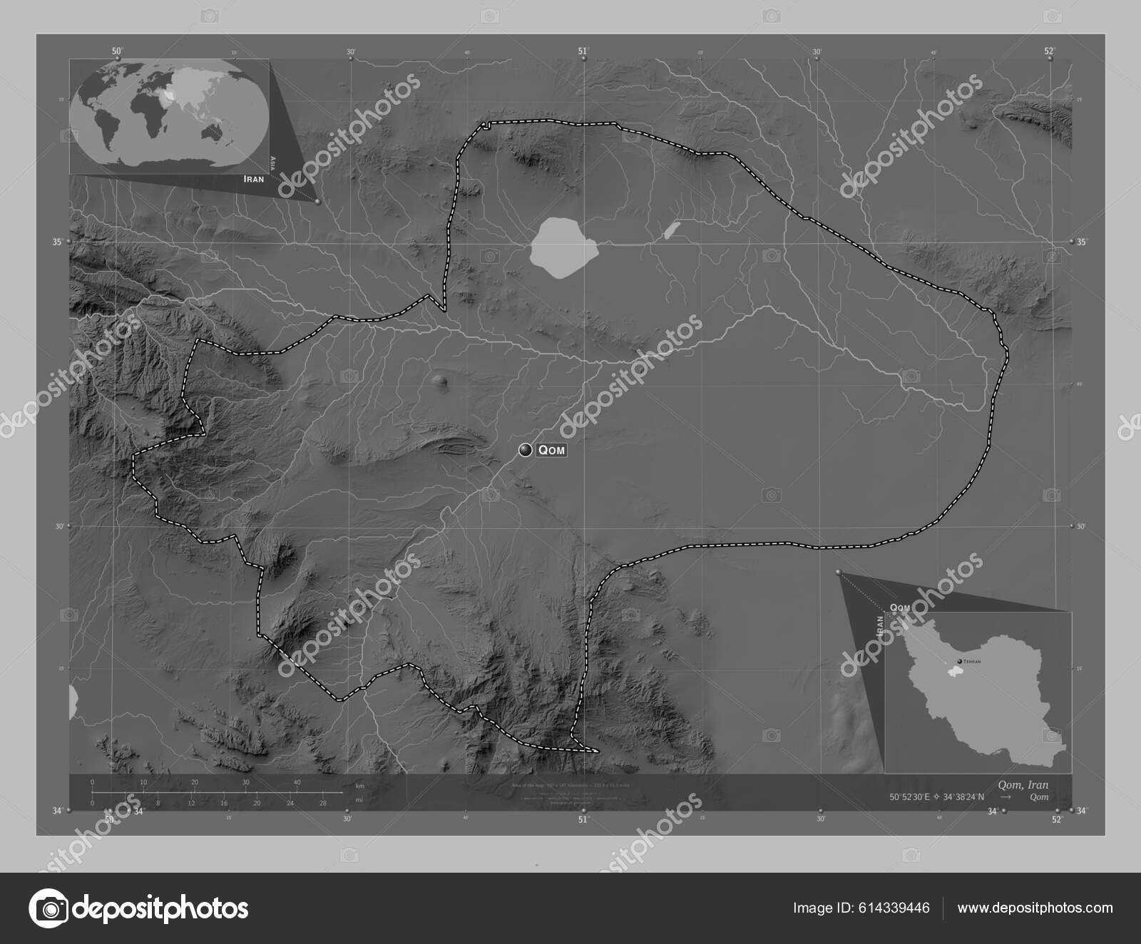 Qom Province Iran Grayscale Elevation Map Lakes Rivers Locations Names ...