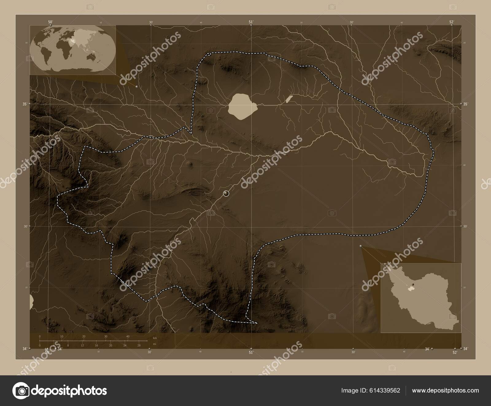 Qom Province Iran Elevation Map Colored Sepia Tones Lakes Rivers ...