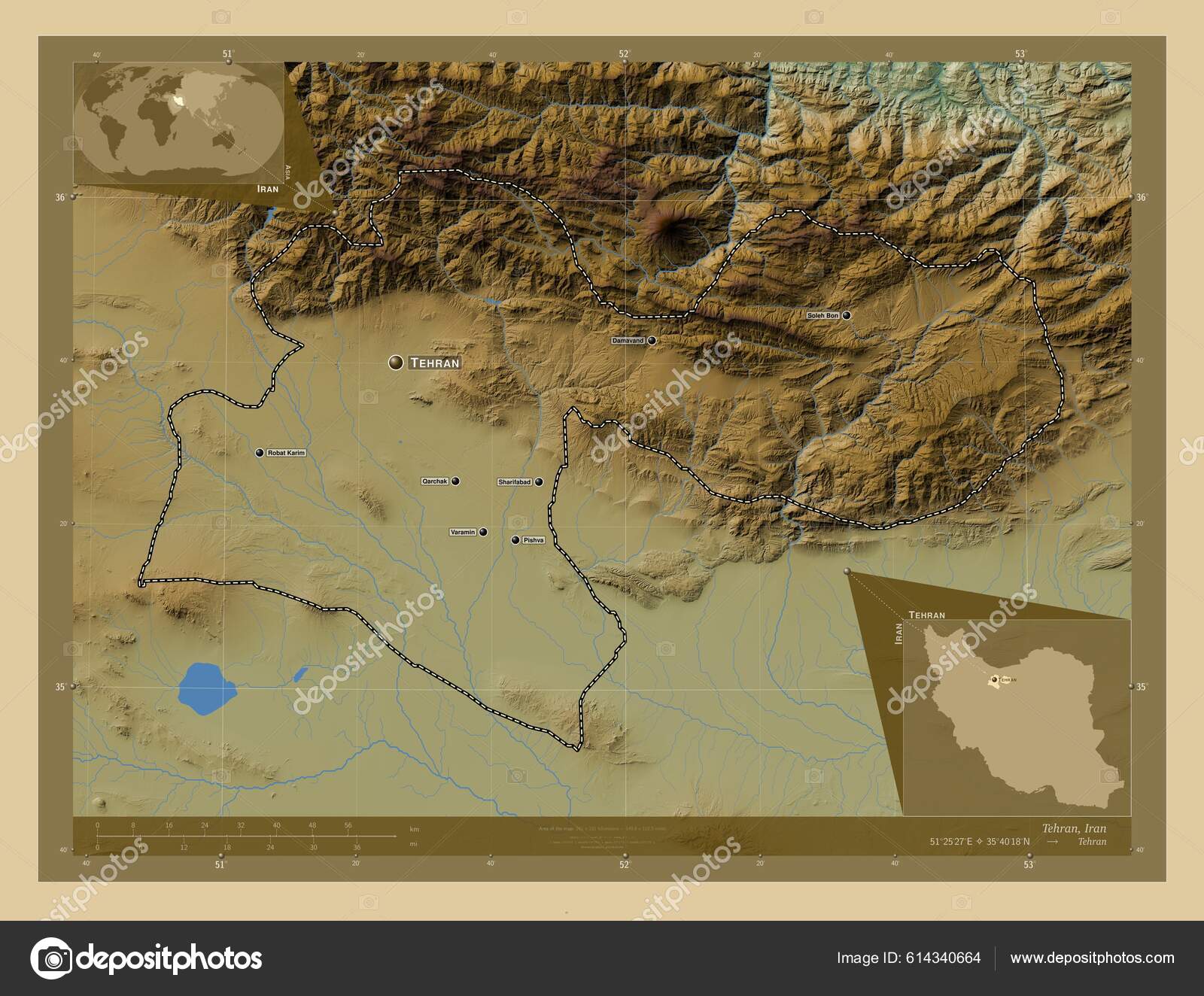 Tehran Province Iran Colored Elevation Map Lakes Rivers Locations Names ...