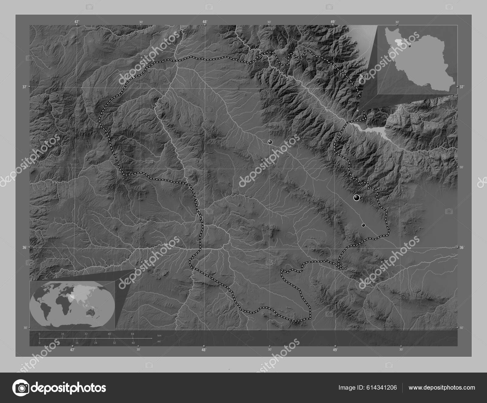 Zanjan Province Iran Grayscale Elevation Map Lakes Rivers Locations ...