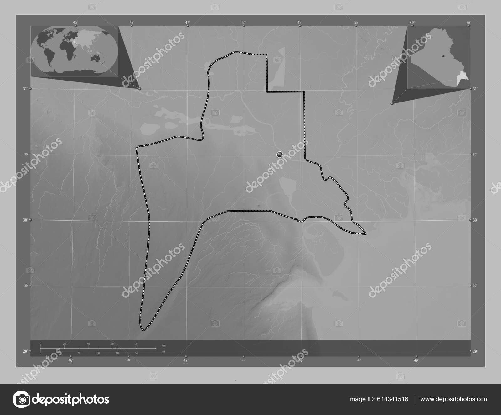 Basrah Province Iraq Grayscale Elevation Map Lakes Rivers Corner ...