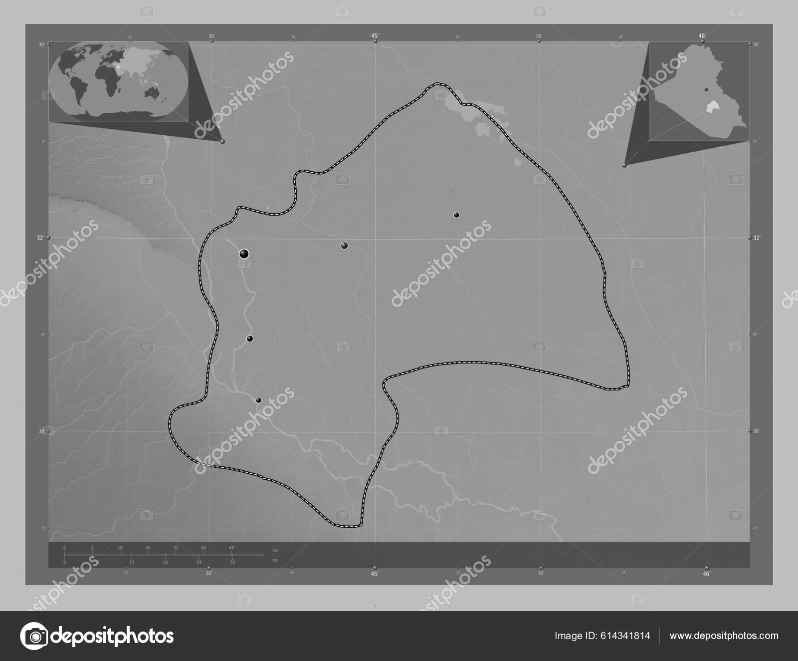 Qadisiyah Province Iraq Grayscale Elevation Map Lakes Rivers Locations ...