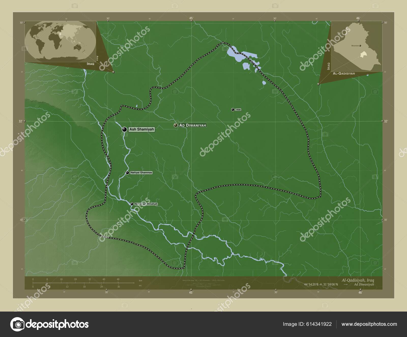 Qadisiyah Province Iraq Elevation Map Colored Wiki Style Lakes Rivers ...