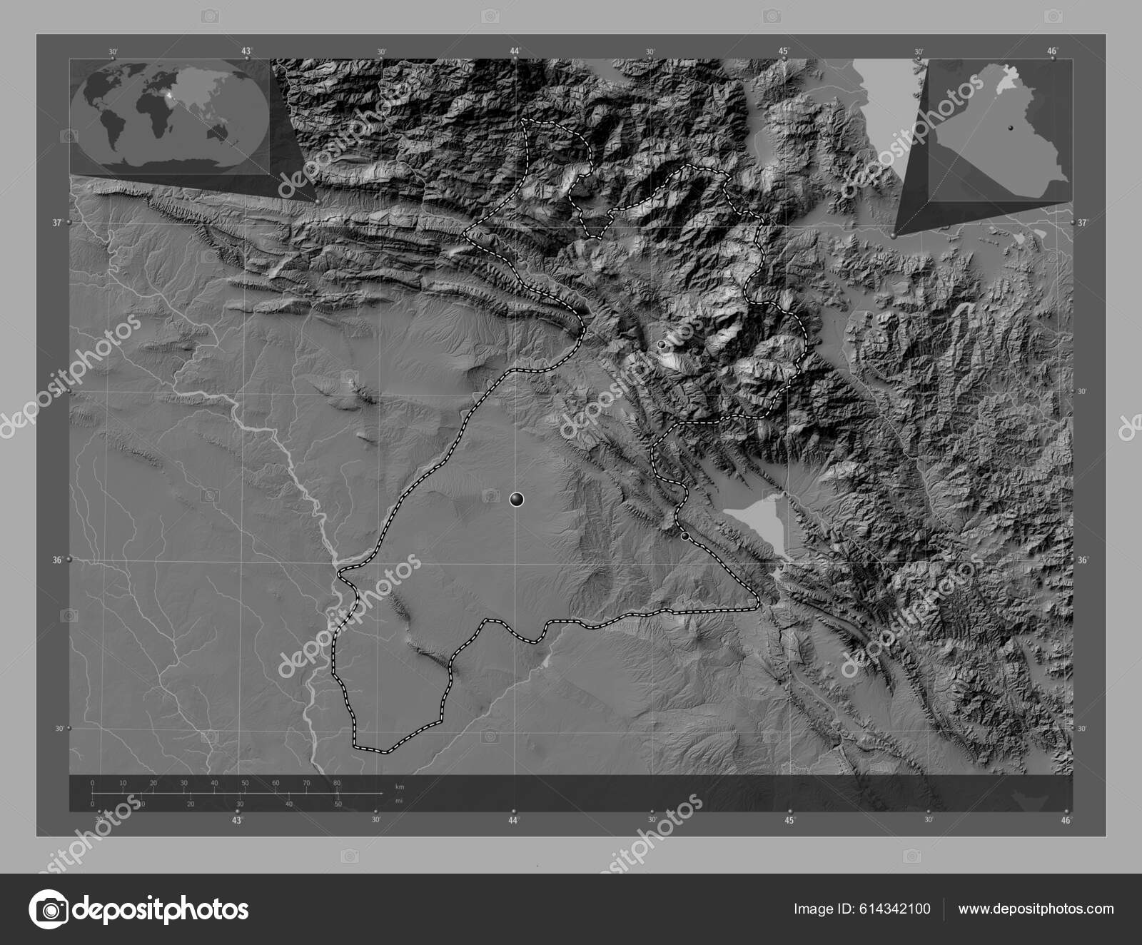 Arbil Province Iraq Bilevel Elevation Map Lakes Rivers Locations Major ...