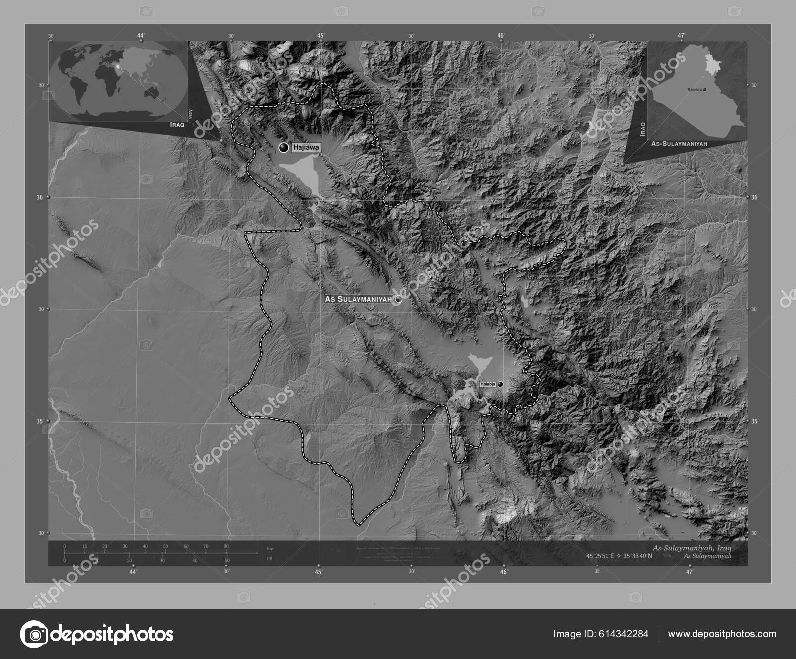 Sulaymaniyah Province Iraq Bilevel Elevation Map Lakes Rivers Locations Names — Stock Photo ...