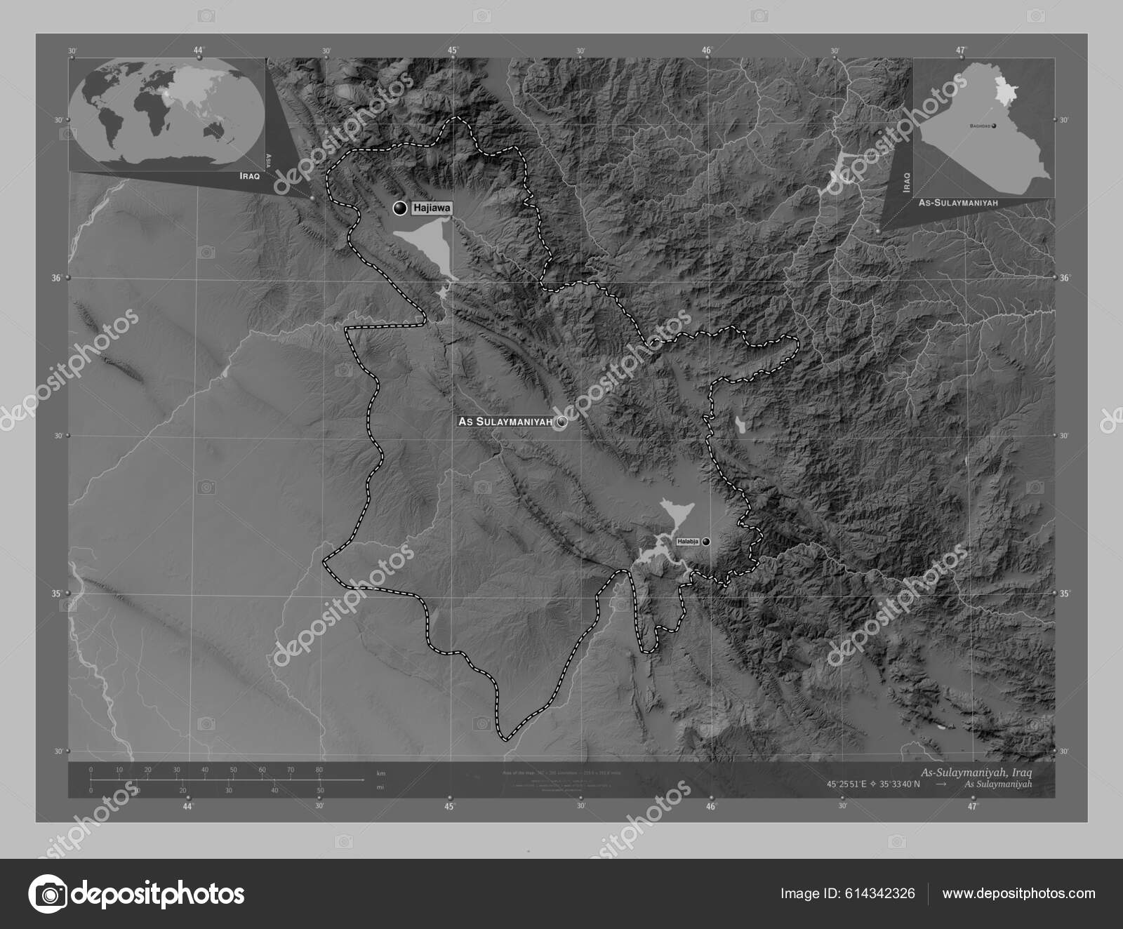 Sulaymaniyah Province Iraq Grayscale Elevation Map Lakes Rivers Locations Names — Stock Photo ...
